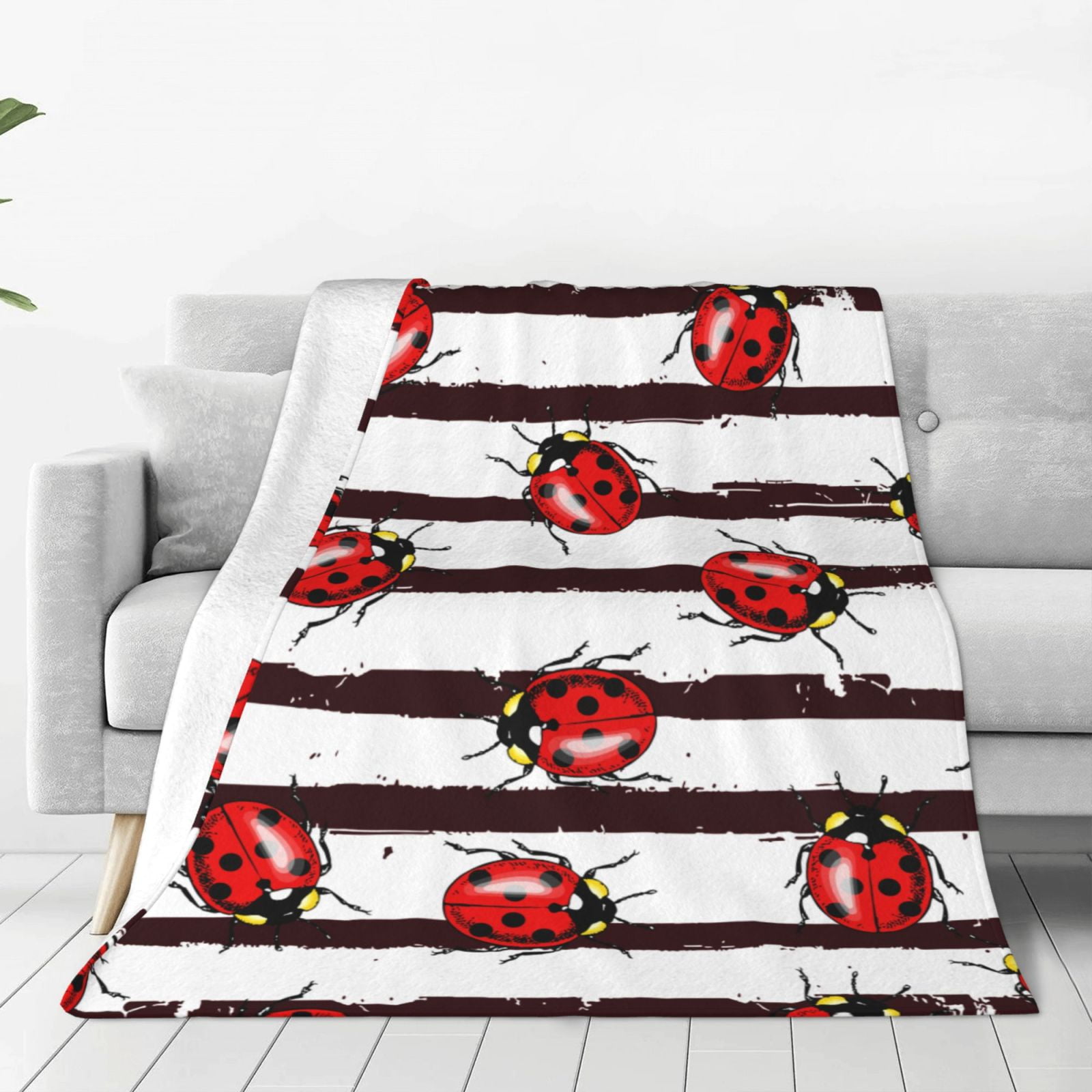 Yiaed Ladybugs on Black and White Striped1 Pattern Fleece Throw Blanket ...