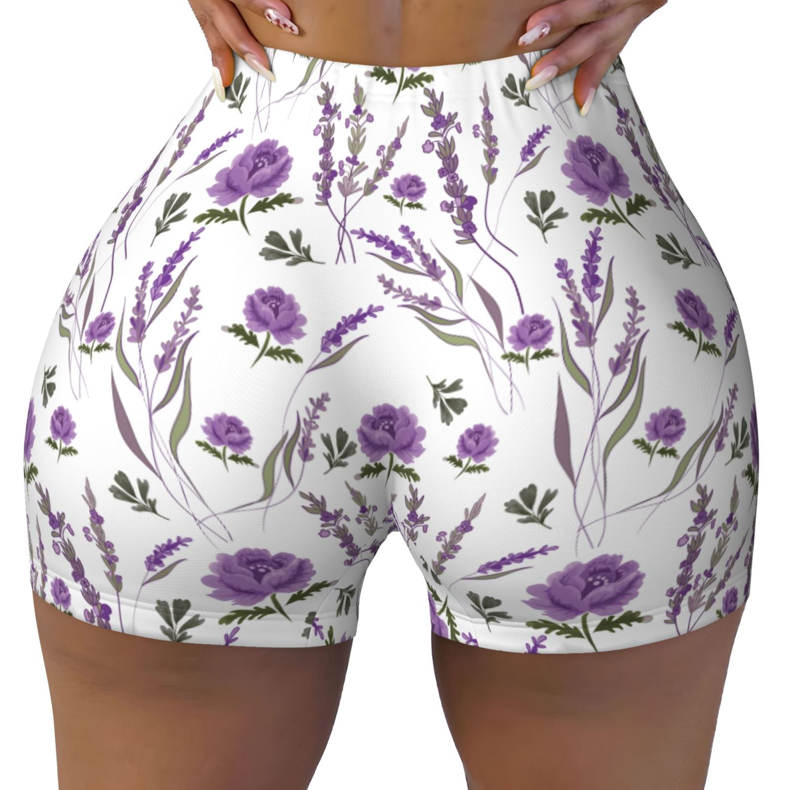 Yiaed Lavender Flowers Print Women's Athletic Shorts Running Shorts ...