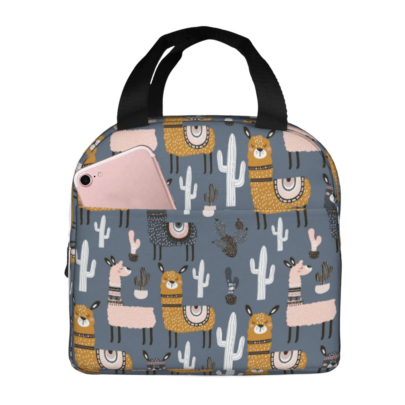 Yiaed Llama and Cactus Print Insulated Lunch Bag Reusable Cute Tote ...