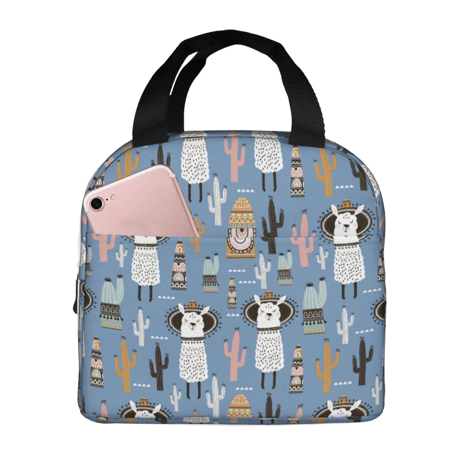 Yiaed Llamas And Cactus Print Insulated Lunch Bag Reusable Cute Tote ...