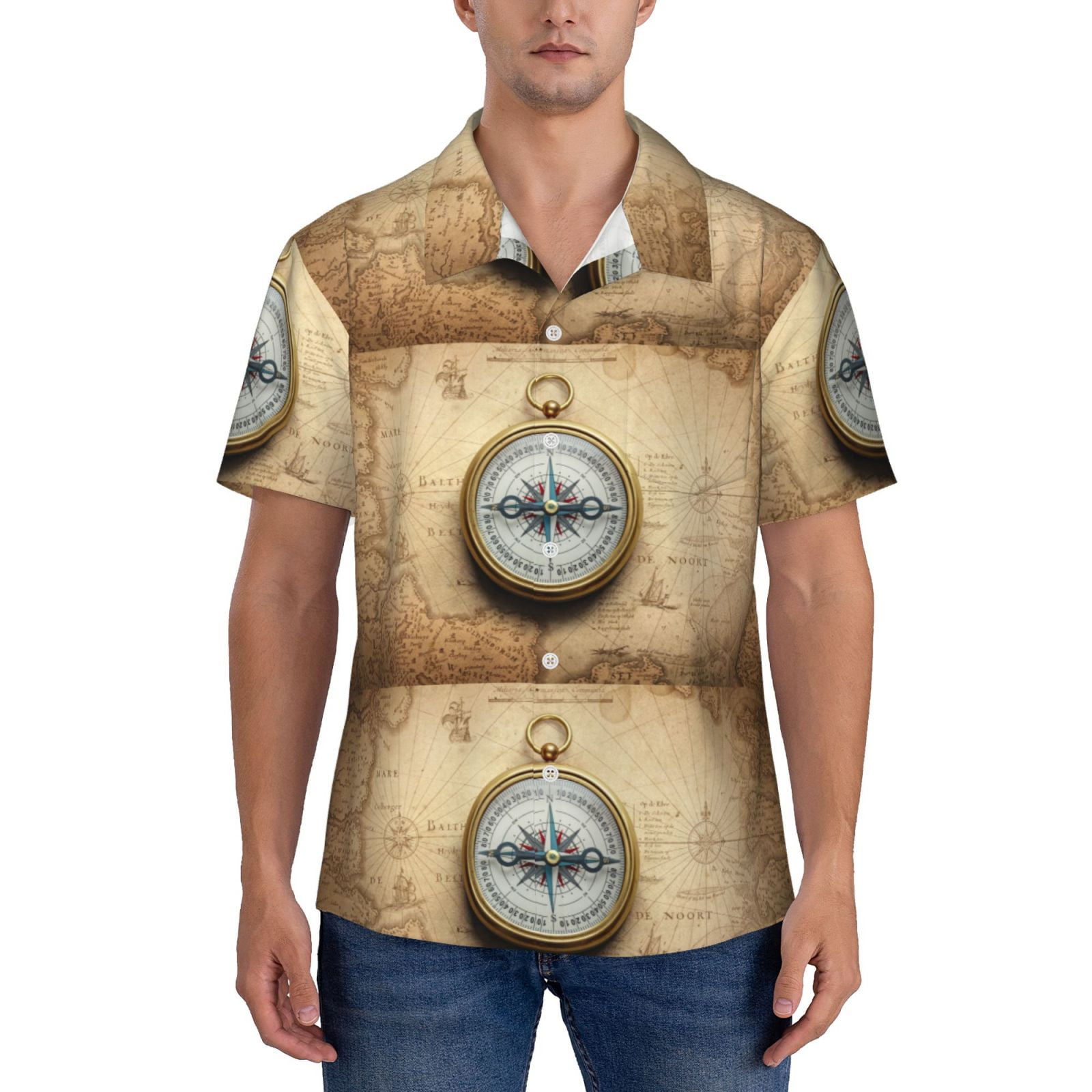 Yiaed Magnetic Old Compass On World Map Print Hawaiian Shirt for Men ...