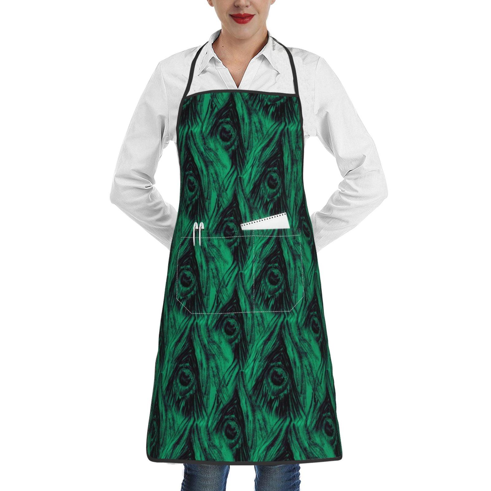 Yiaed Mint Bird Feathers Print Kitchen Apron with Hand Wipe Pockets,Big ...