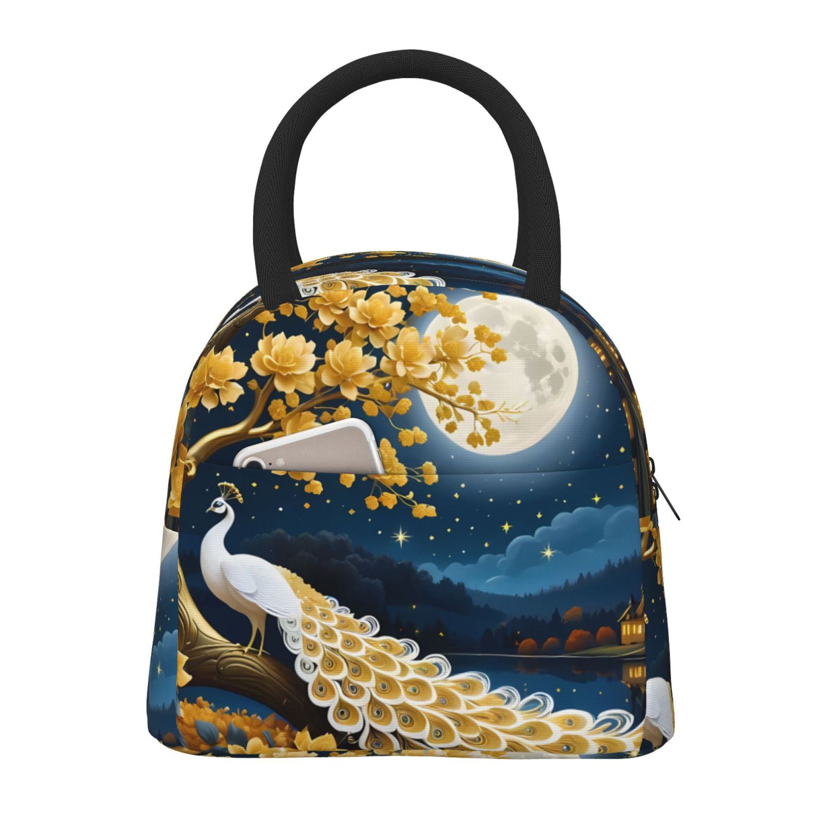 Yiaed Moonlit Golden Tree Peacock Print Lunch Bag Adult Insulated Lunch ...