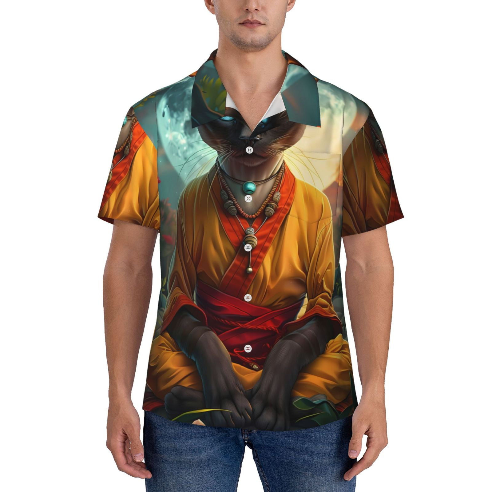 Yiaed Moonlit Hairless Cat Monk Print Hawaiian Shirt for Men Short ...