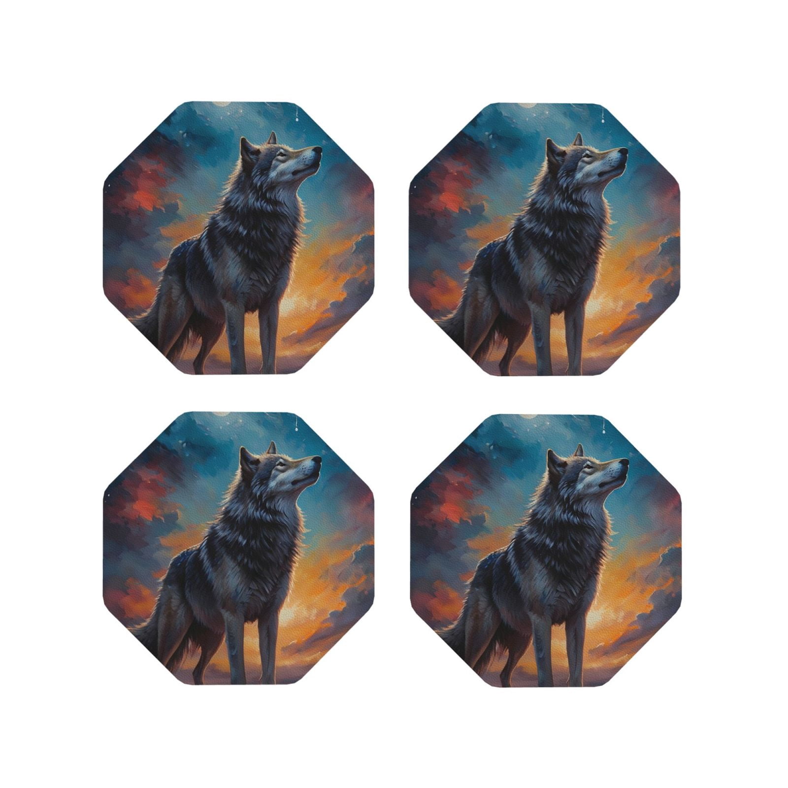 Yiaed Moonlit Night Sky Wolf Print Leather Coasters for Drinks - Cup ...