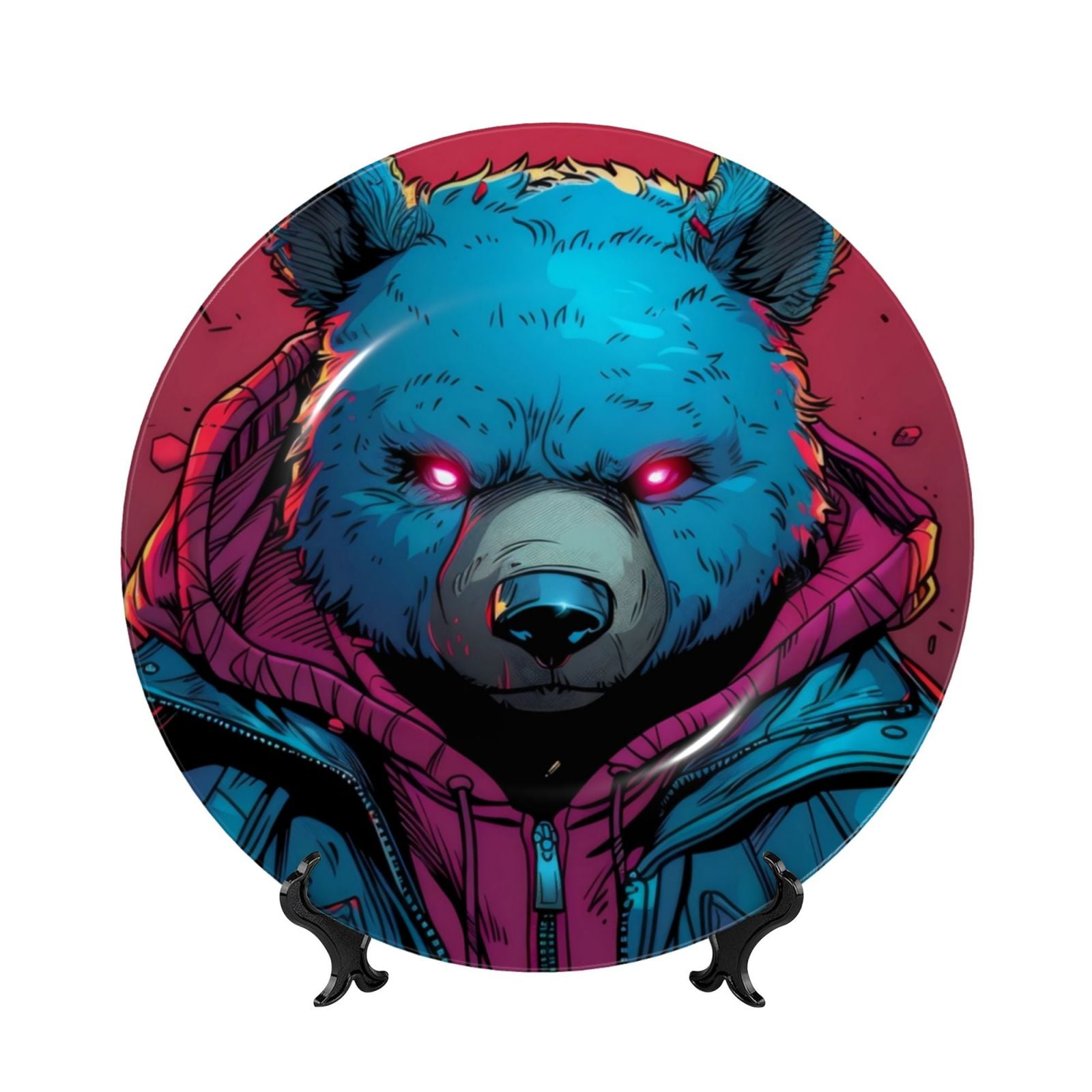 Yiaed Neon Cyberpunk Blue Bear Print Bone China Decorative Plate ...