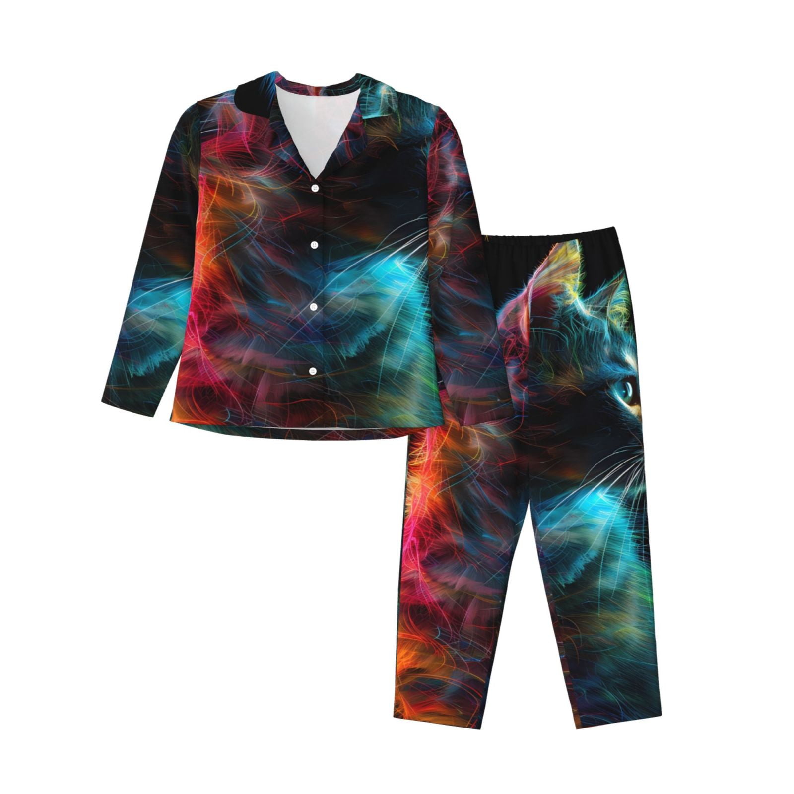 Yiaed Neon Spectrum Cat Portrait Print Pajamas Women's Long Sleeve ...