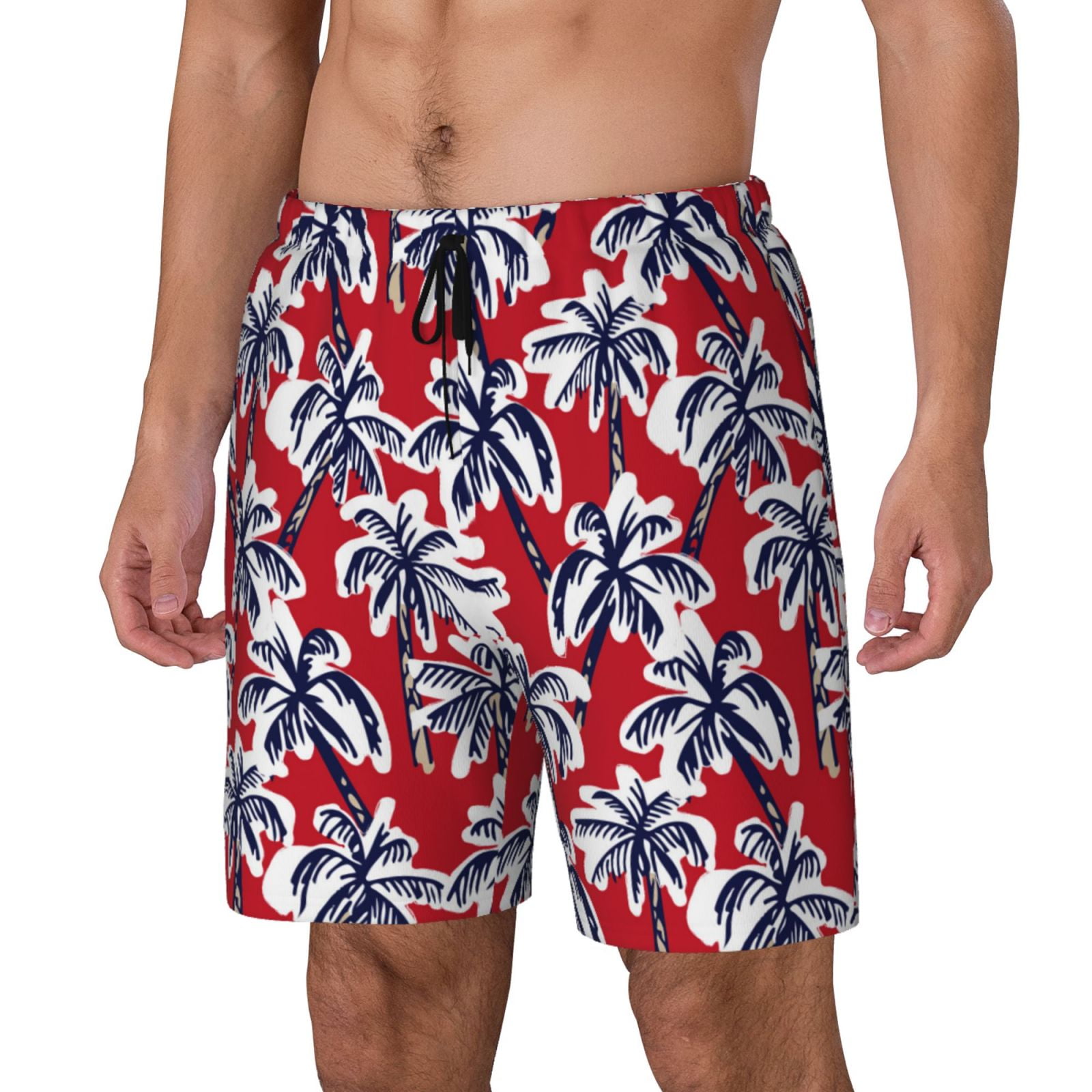 Yiaed Palm Tree Pattern on Red Print Mens Swim Trunks Bathing Suit ...