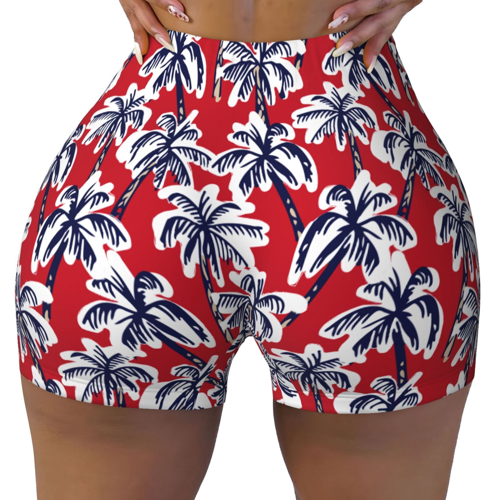 Yiaed Palm Tree Pattern on Red Print Women's Athletic Shorts Running ...