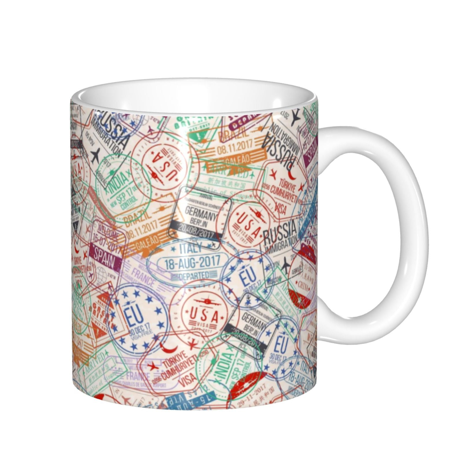 Yiaed Passport Stamp Print Ceramics Coffee,Large Handle Design,Extra ...