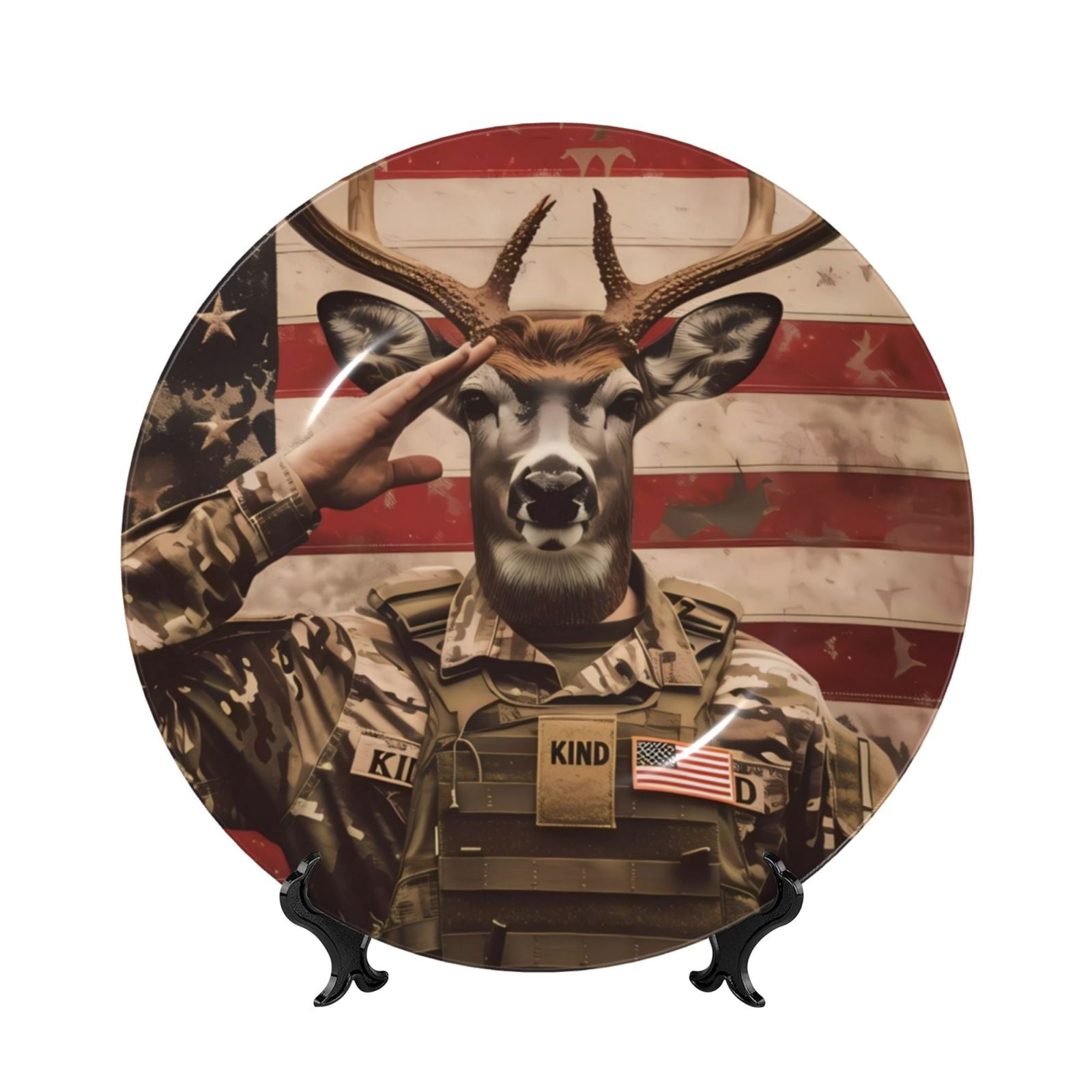 Yiaed Patriotic Deer Soldier Salute Print Bone China Decorative Plate ...