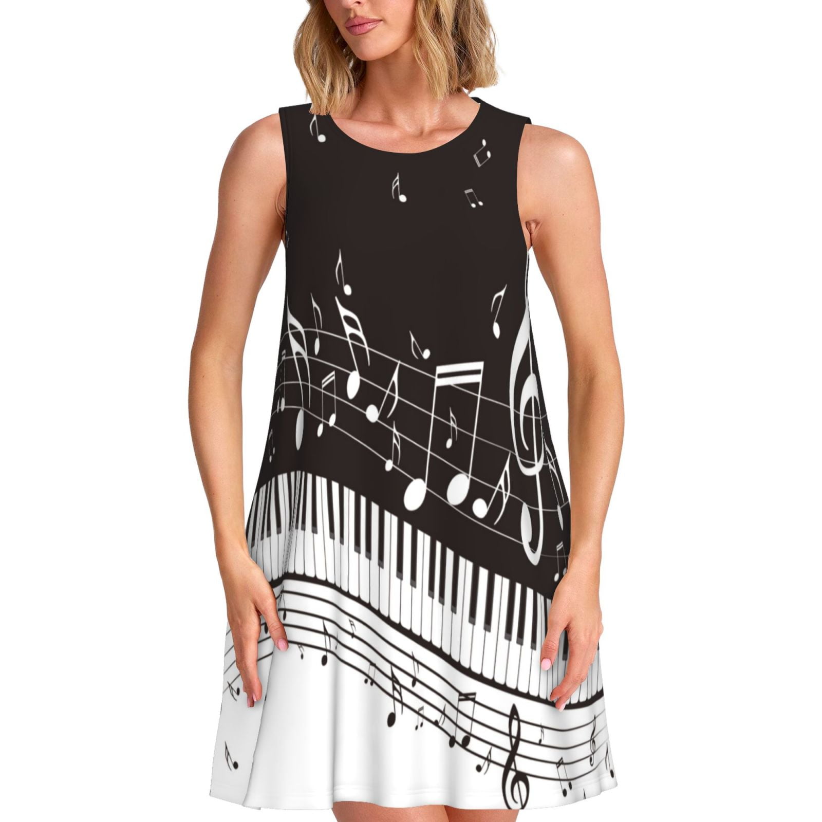 Yiaed Piano Keys With Musical Notes Print Women's Sleeveless Dress ...