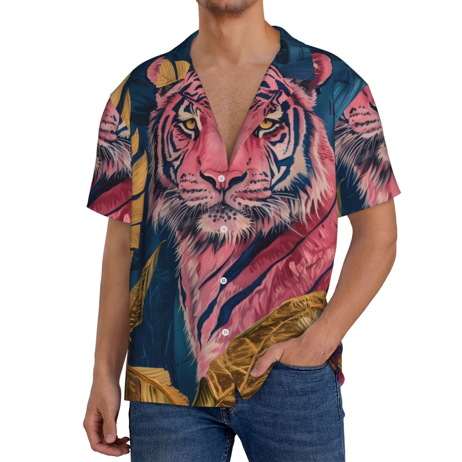 Yiaed Pink Tiger Gold Leaves Print Mens Casual Wrinkle Free Shirts ...