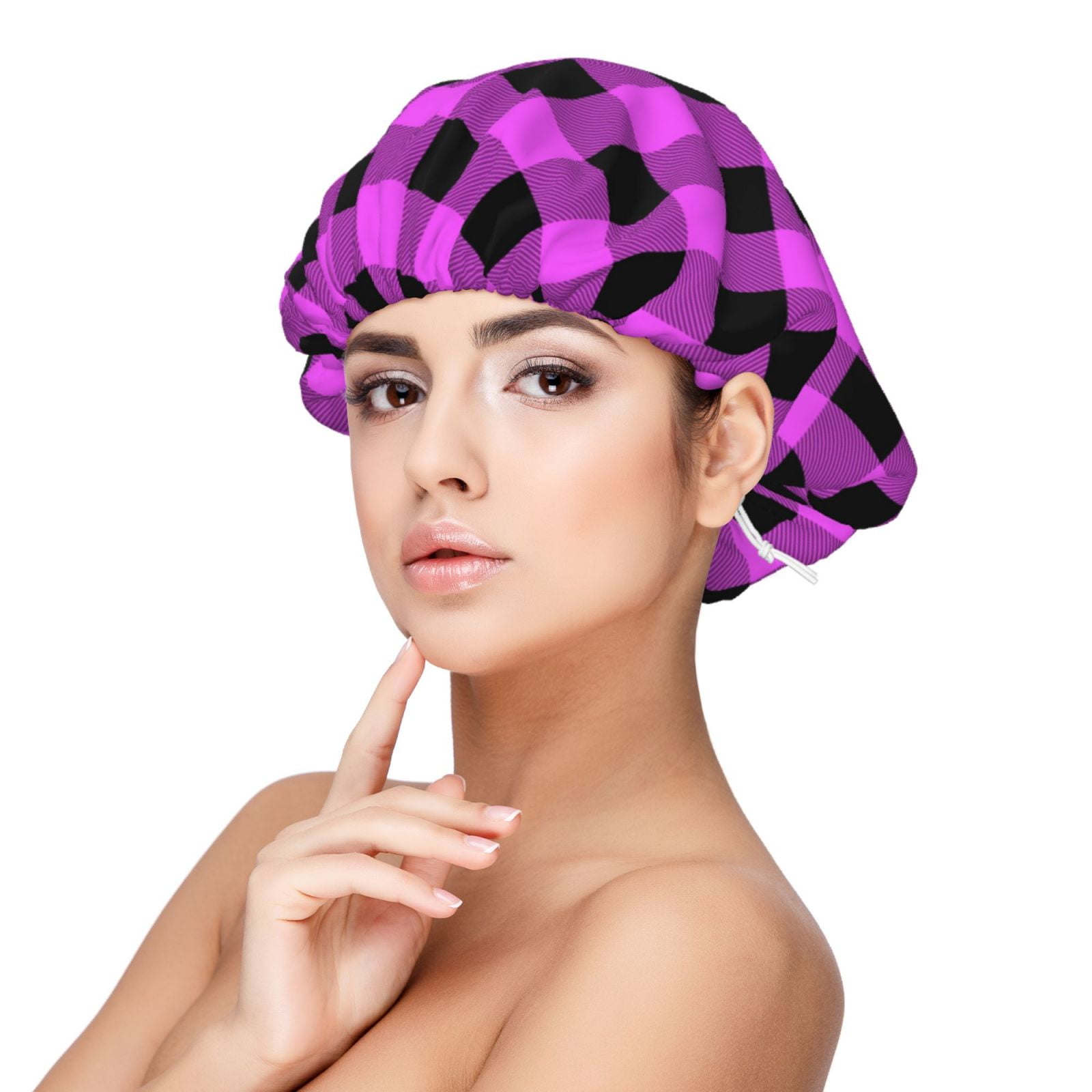 Yiaed Purple Black Buffalo Plaid Print Satin Bonnet Silk Bonnet Hair ...