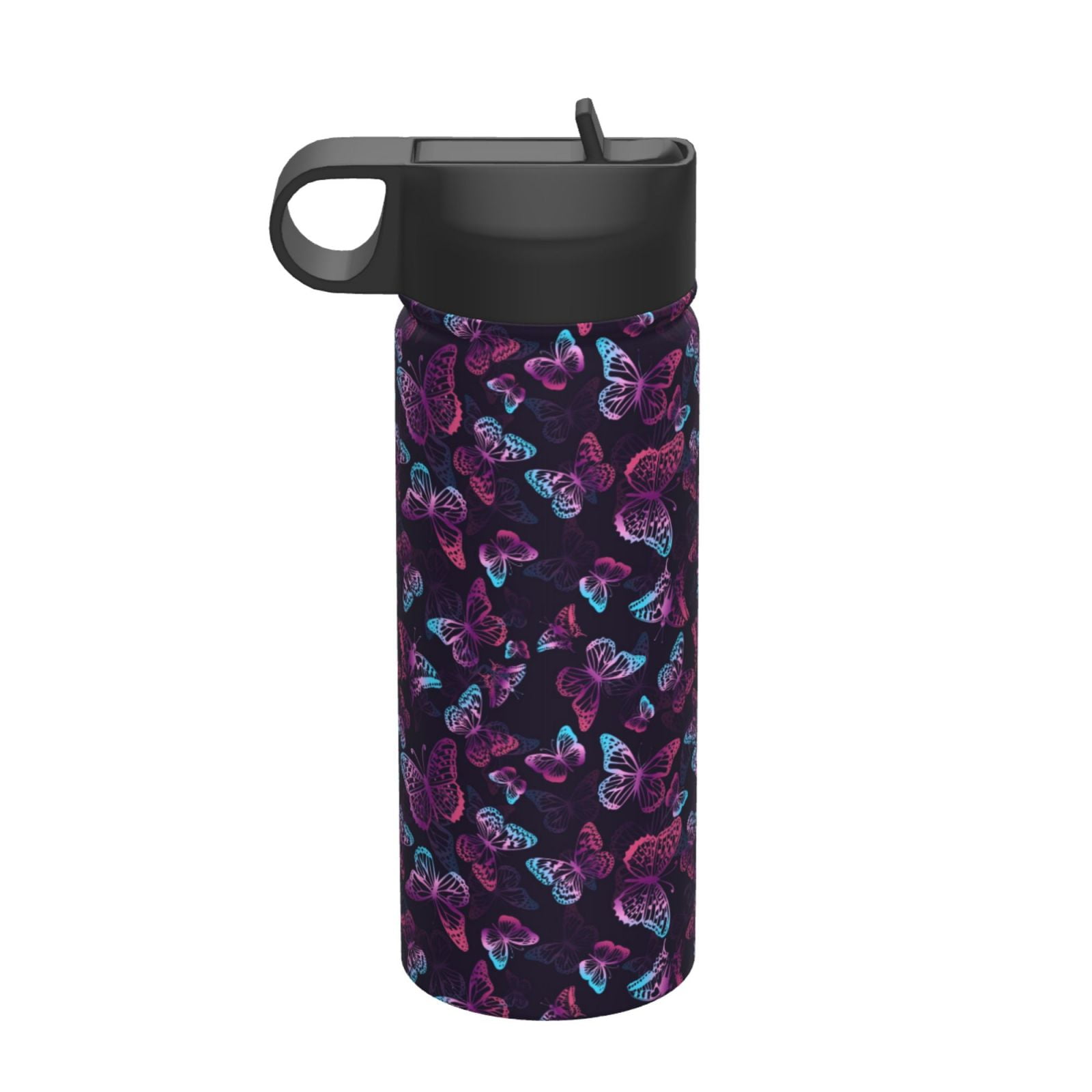Yiaed Purple Butterfly Print Water Bottle with Straw Lid, Stainless ...