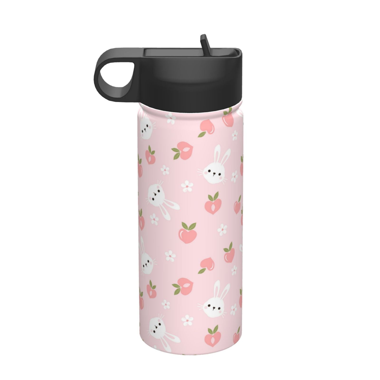 Yiaed Rabbit And Peach Print Water Bottle with Straw Lid, Stainless ...