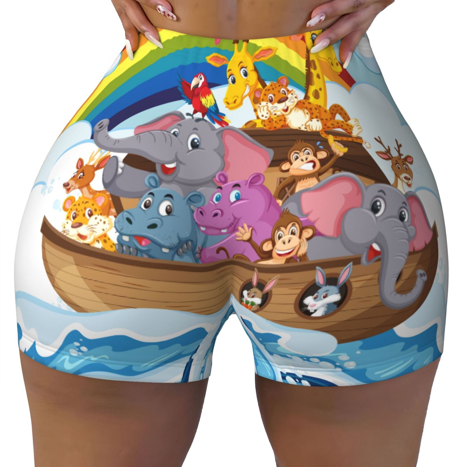 Yiaed Rainbow Animals on Noah's Ark Print Women's Athletic Shorts ...