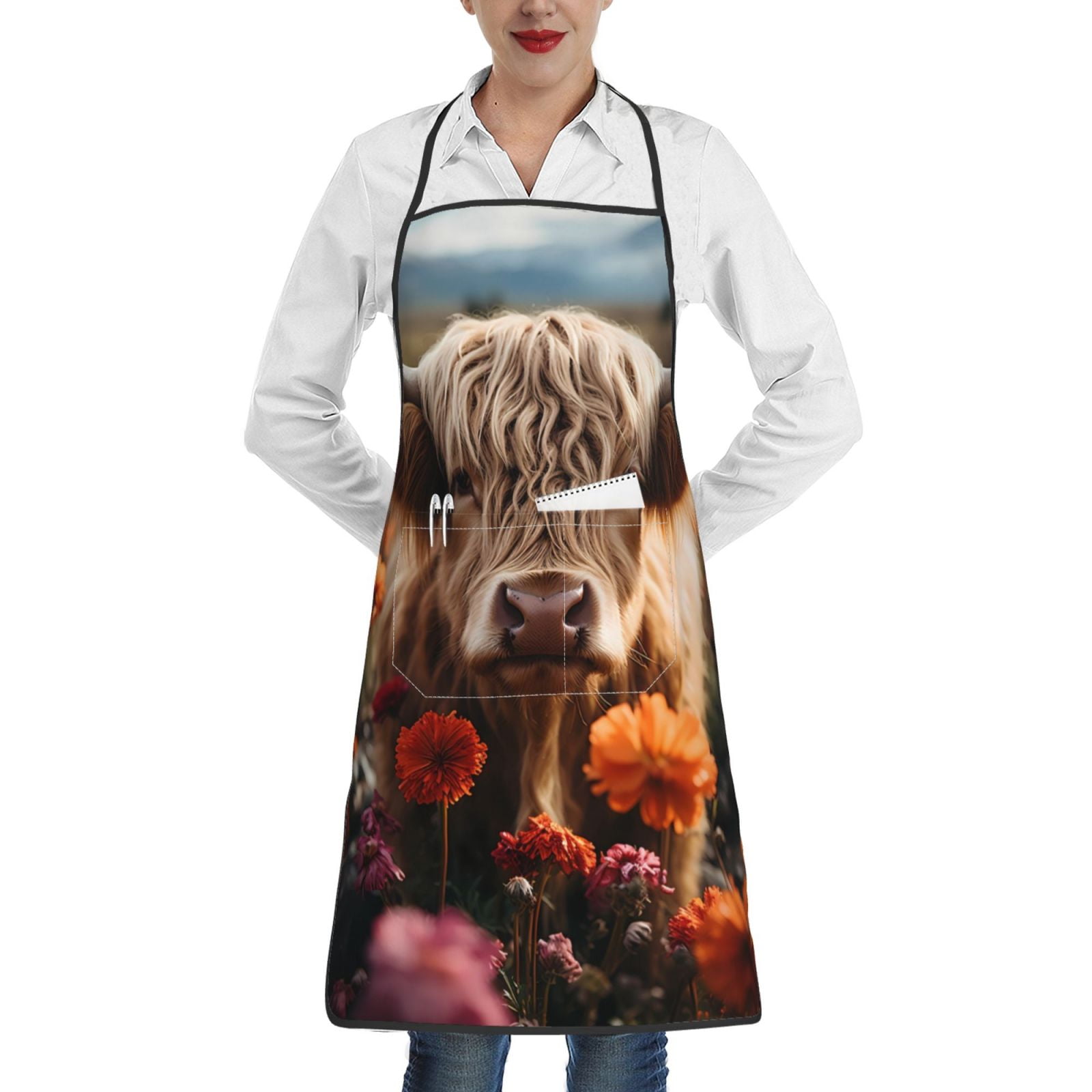 Yiaed Realistic Flower Cow Print Kitchen Apron with Hand Wipe Pockets ...