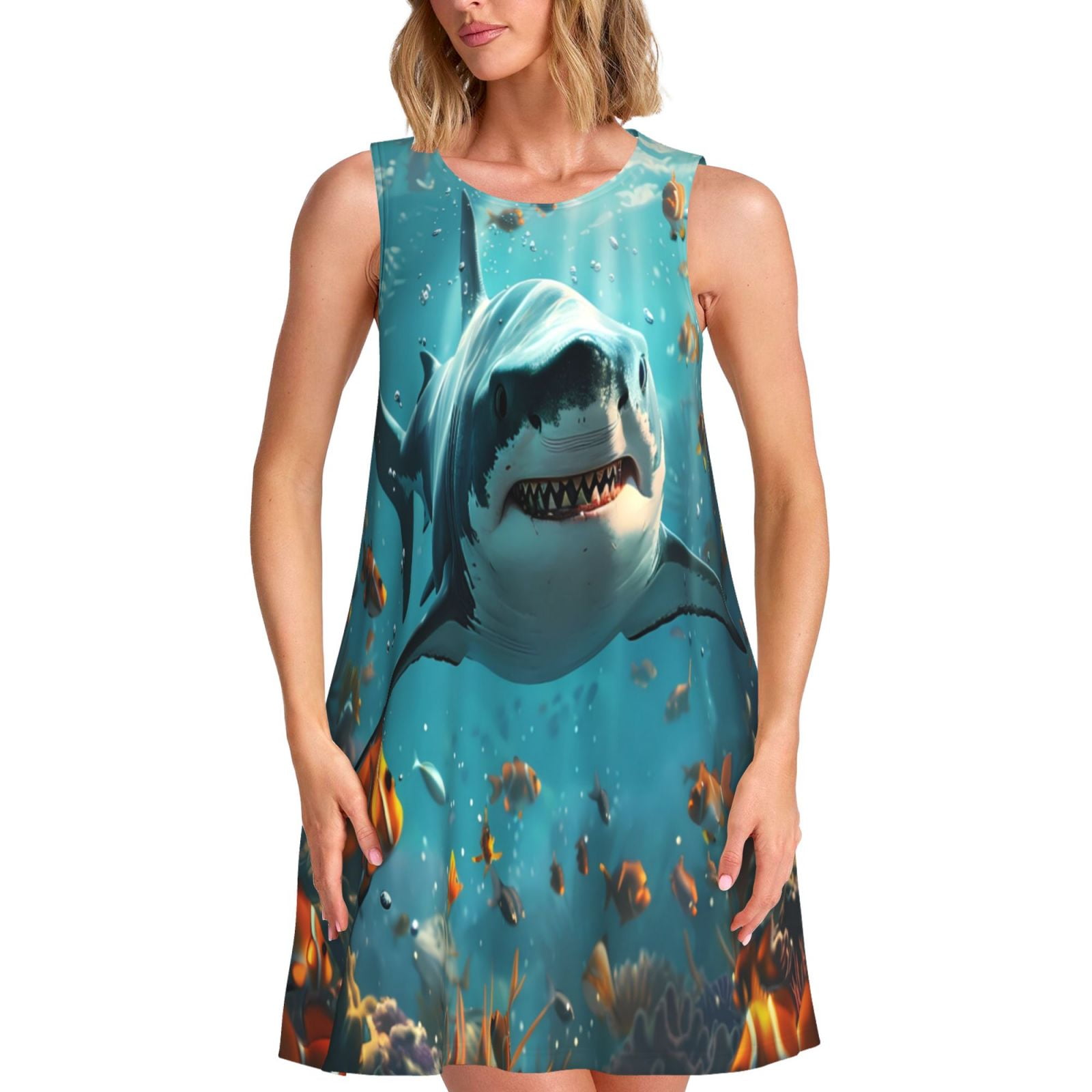 Yiaed Realistic Ocean Shark Print Women's Sleeveless Dress, Loose Fit ...