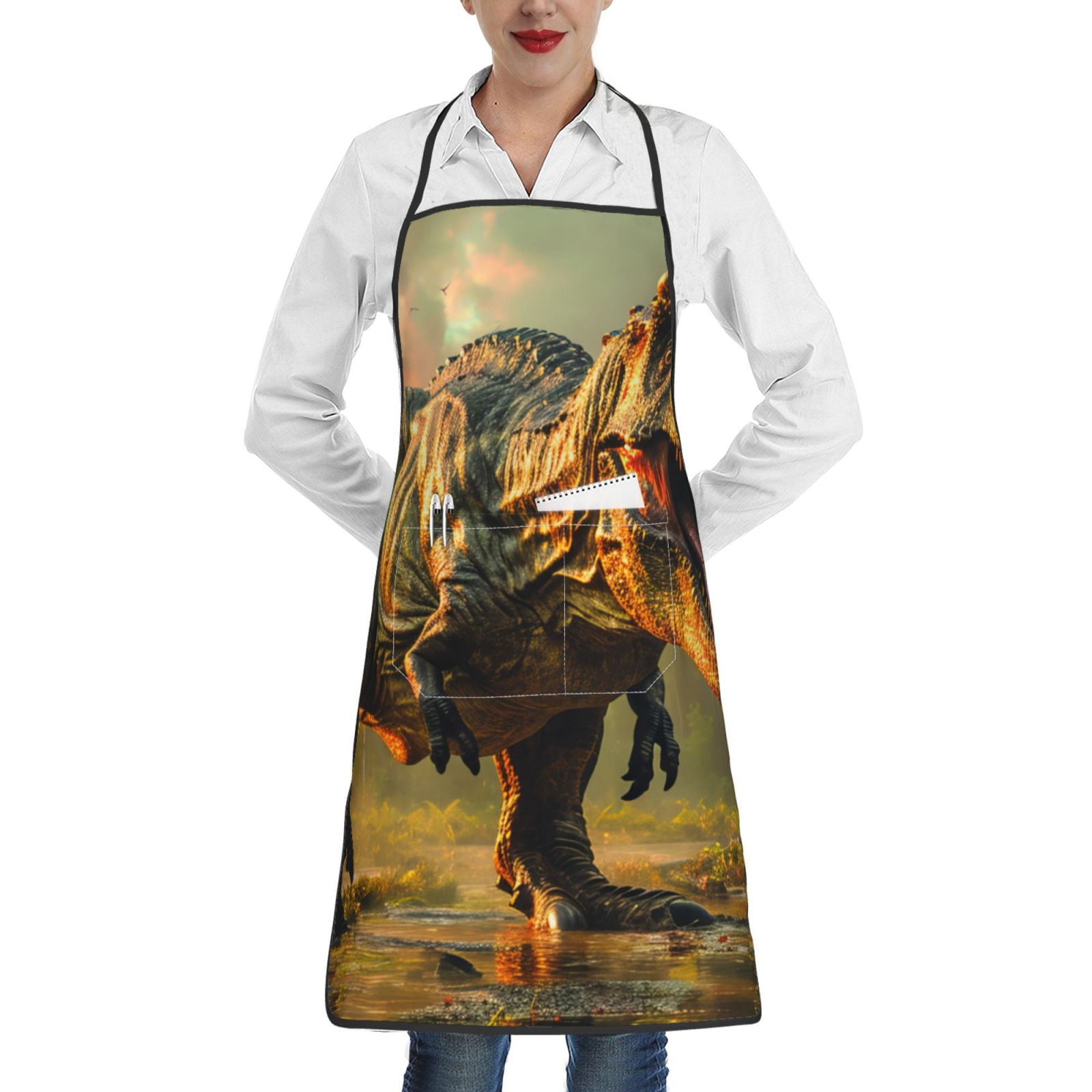 Yiaed Realistic Style Forest Dinosaur Print Kitchen Apron with Hand ...