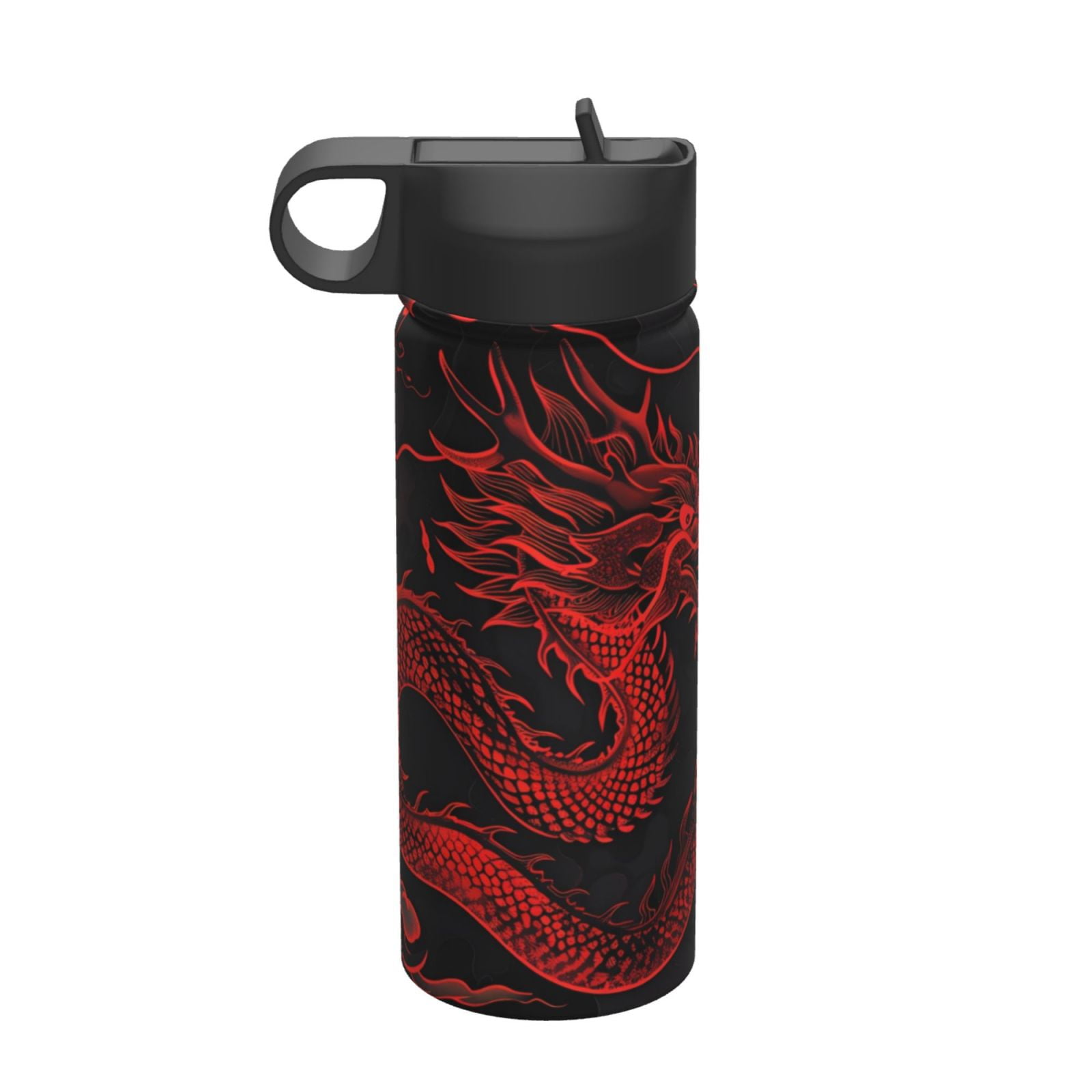 Yiaed Red Dragon On Black Print Water Bottle with Straw Lid, Stainless ...