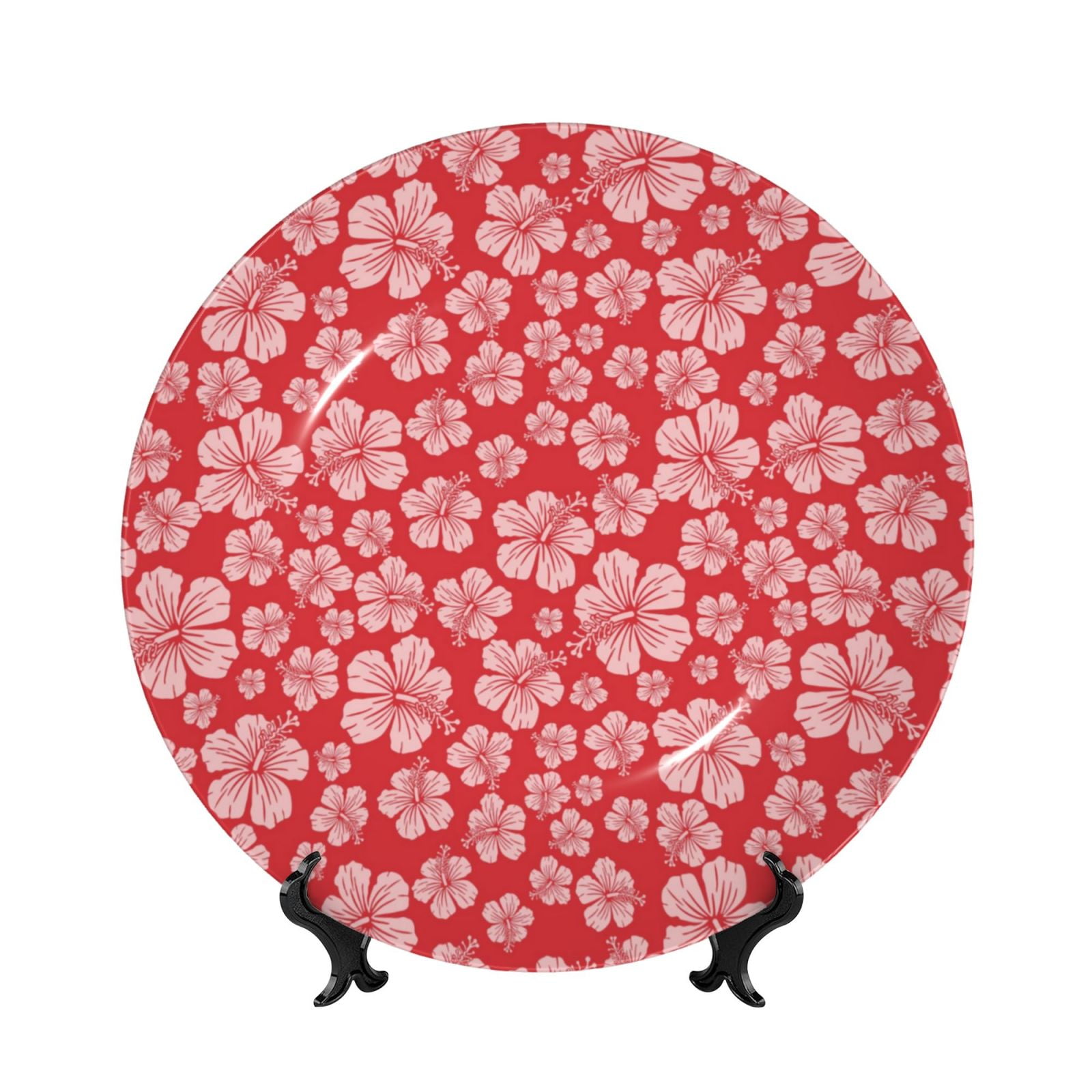 Yiaed Red Hibiscus Flower Print Bone China Decorative Plate Ceramic ...