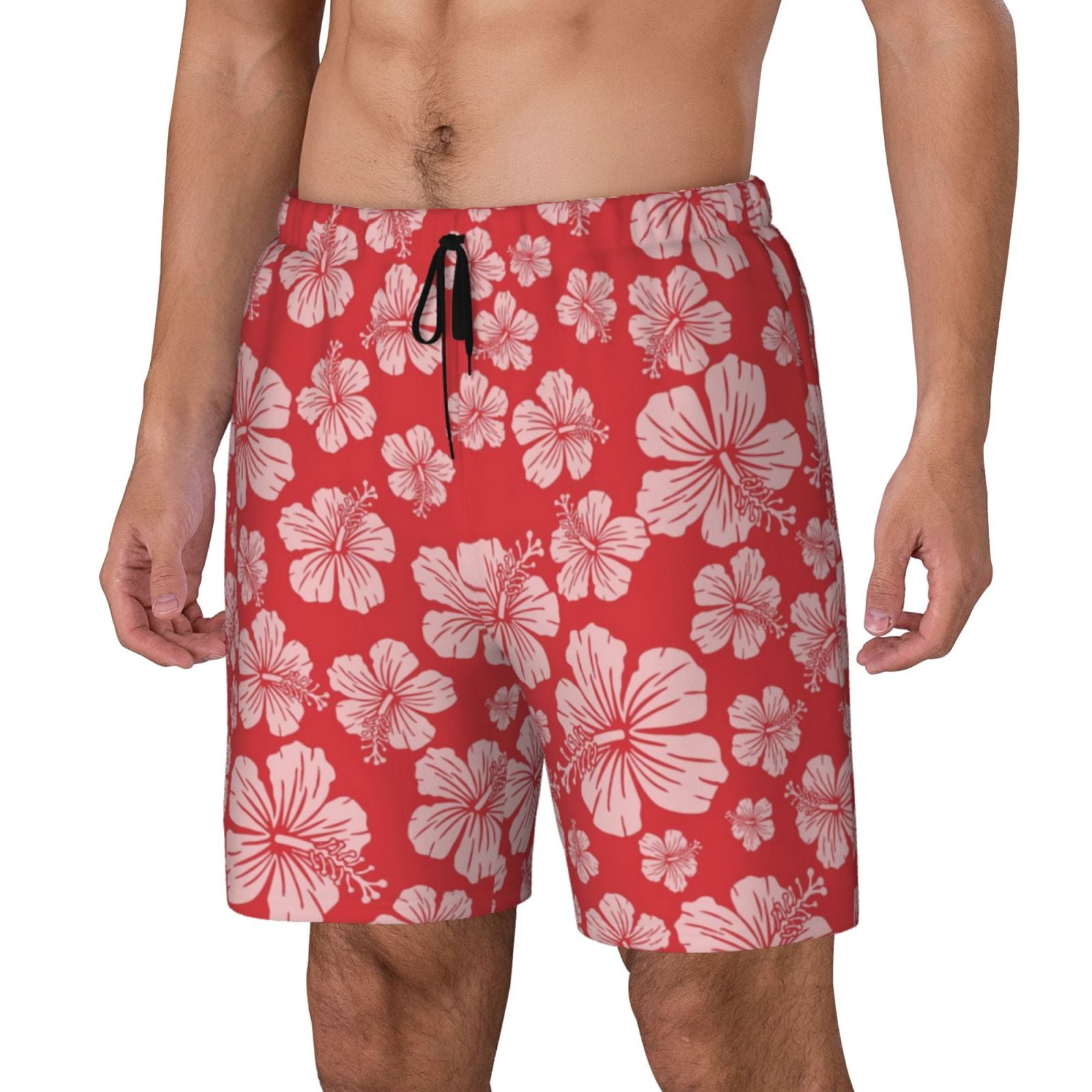 Yiaed Red Hibiscus Flower Print Mens Swim Trunks Bathing Suit ...