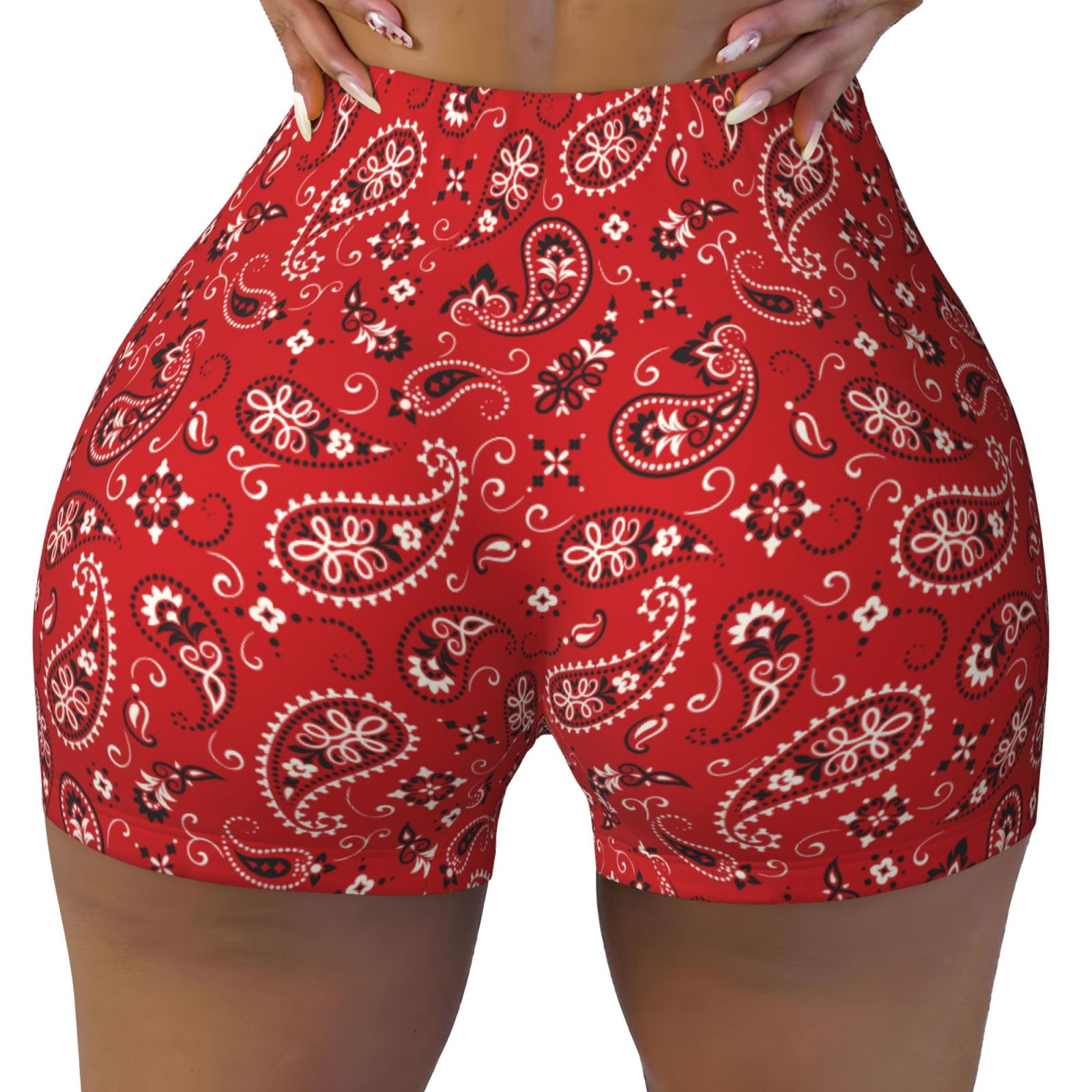 Yiaed Red Paisley Floral Print Women's Athletic Shorts Running Shorts ...