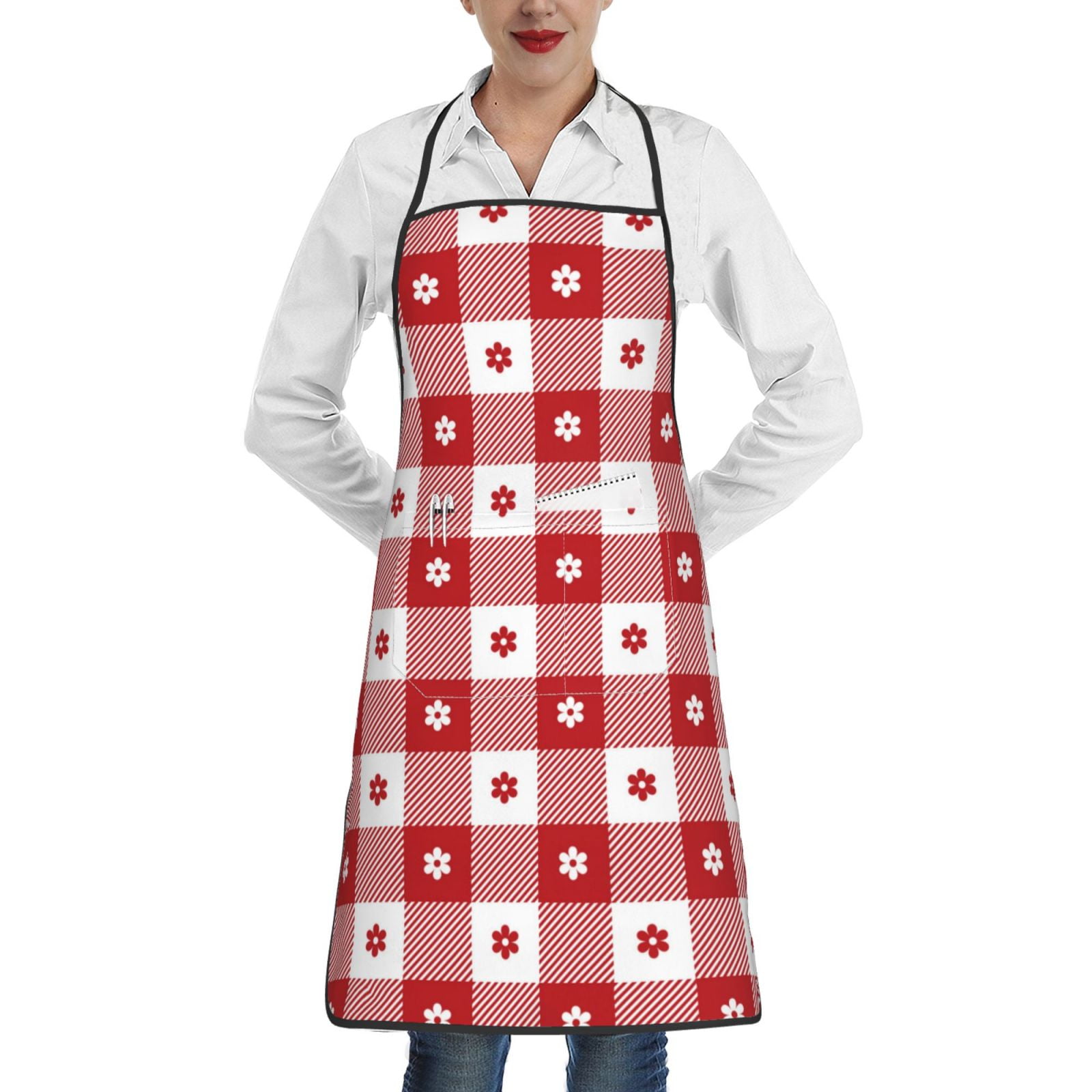 Yiaed Red Plaid Daisy Print Kitchen Apron with Hand Wipe Pockets,Big ...