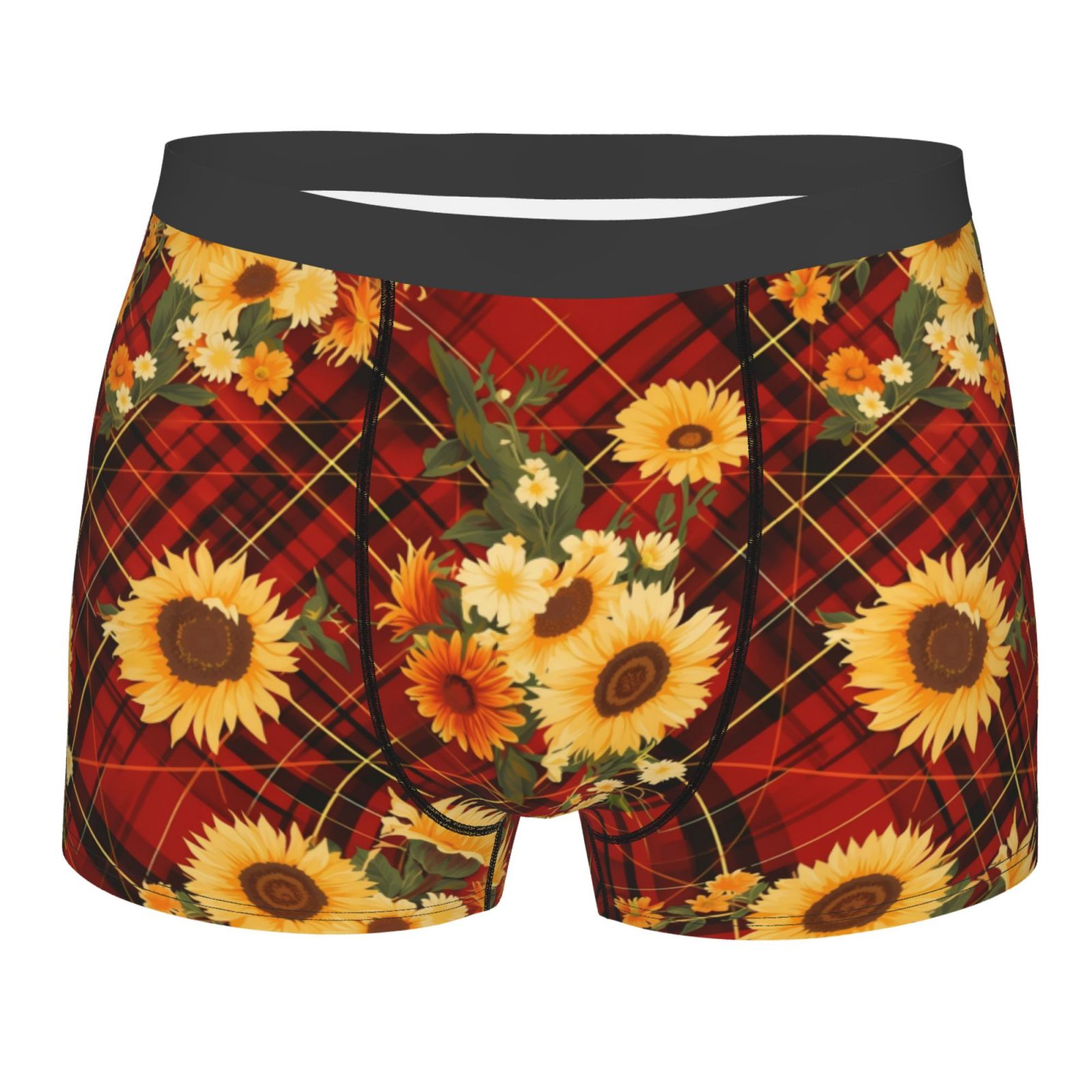 Yiaed Red Plaid Sunflower Print Men's Soft Cotton Boxer Shorts ...