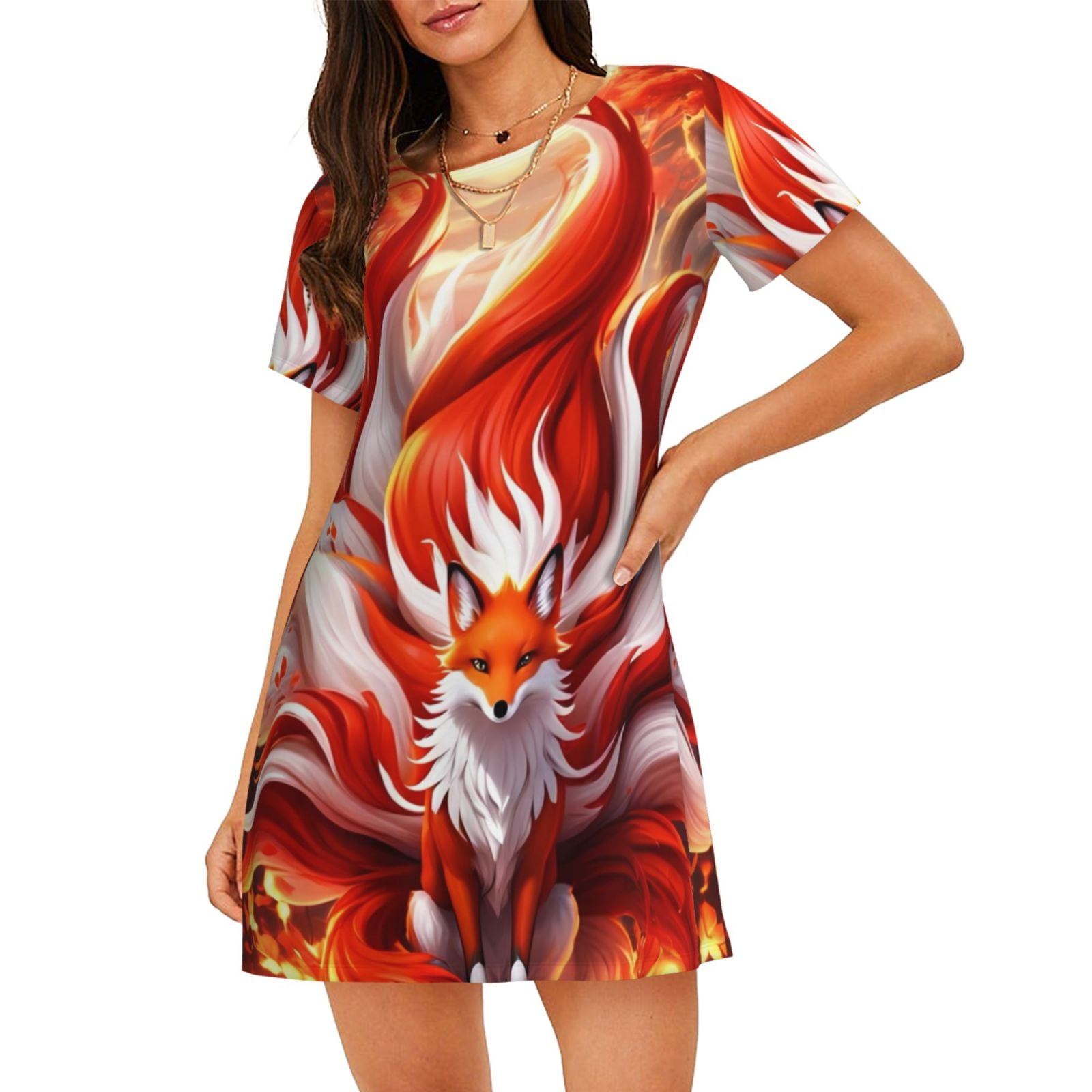 Yiaed Red Sun Flame Fox Print Women's Loose-Fit Short Sleeve Nightgown ...