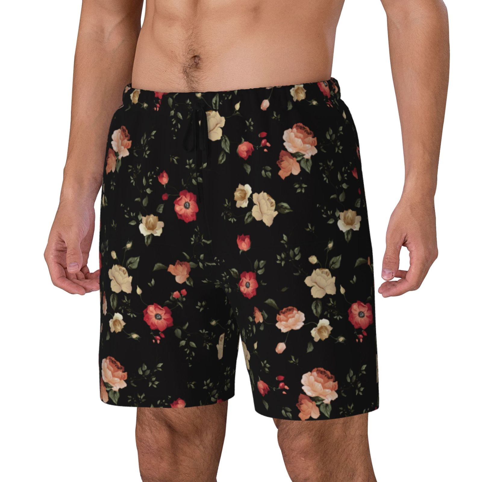 Yiaed Red White Flowers Print Mens Swim Trunks Bathing Suit Compression ...
