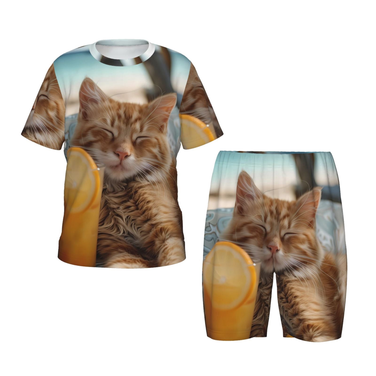 Yiaed Relaxing Cat With Orange Juice for Kid's Short-Sleeved Pajamas ...