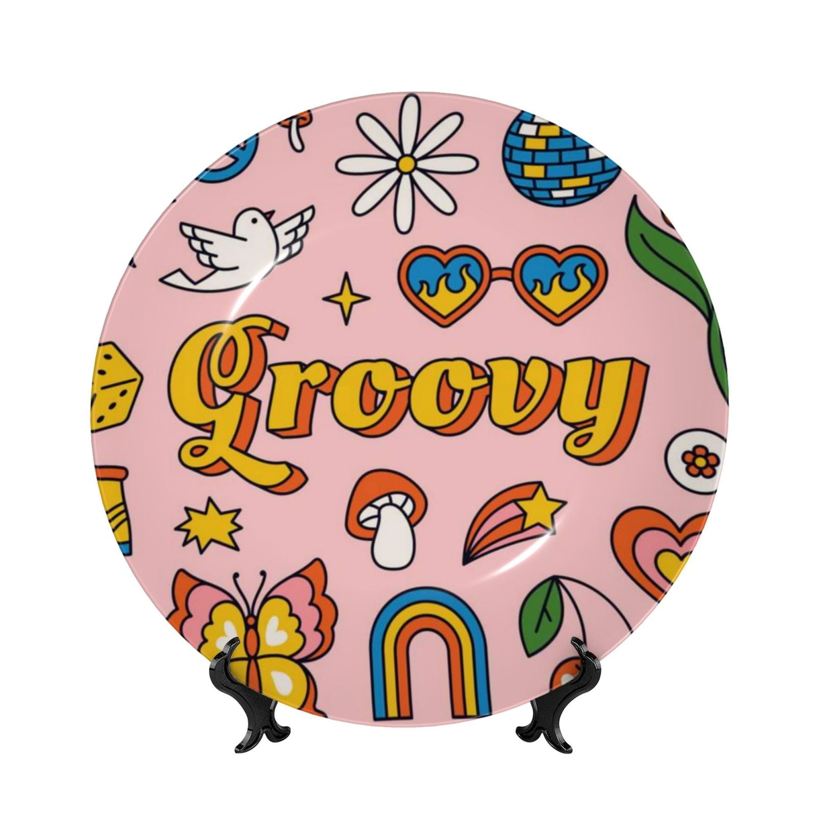 Yiaed Retro 70s Hippie Print Bone China Decorative Plate Ceramic Dinner ...