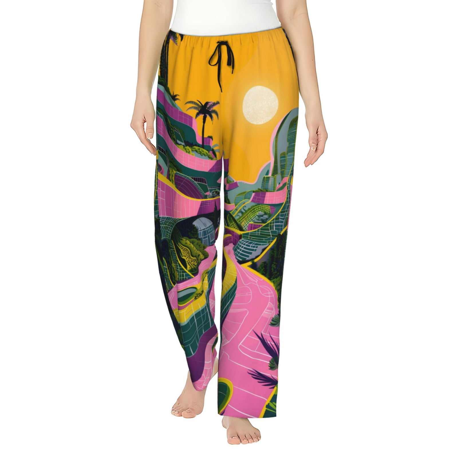 Yiaed Retro Futuristic Landscape Print Womens Lounge Pants, Loose PJ Bottoms, Long Pajama Pants ...