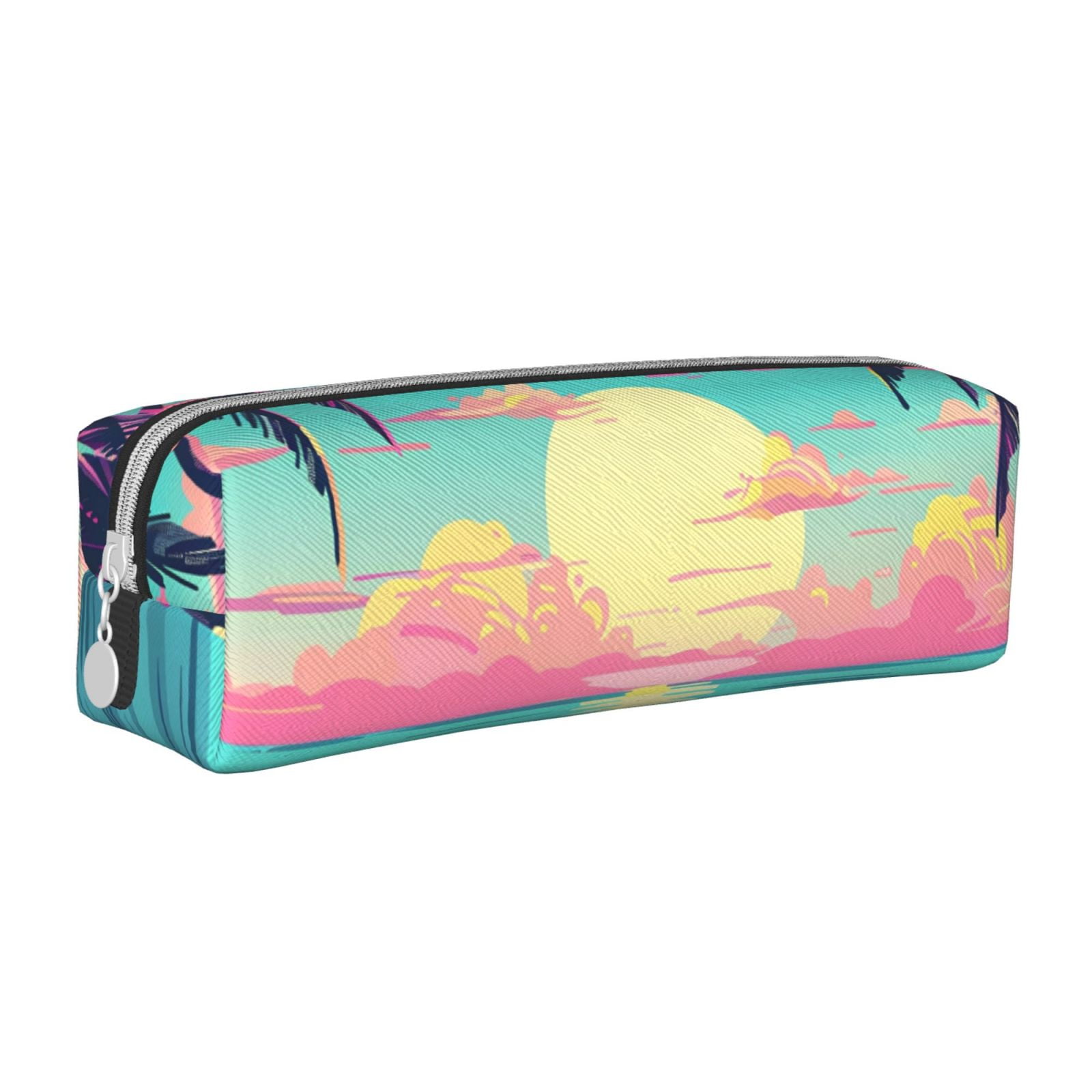 Yiaed Retro Palm Beach Sunset Print Leather Pencil Case - Leather Pen ...