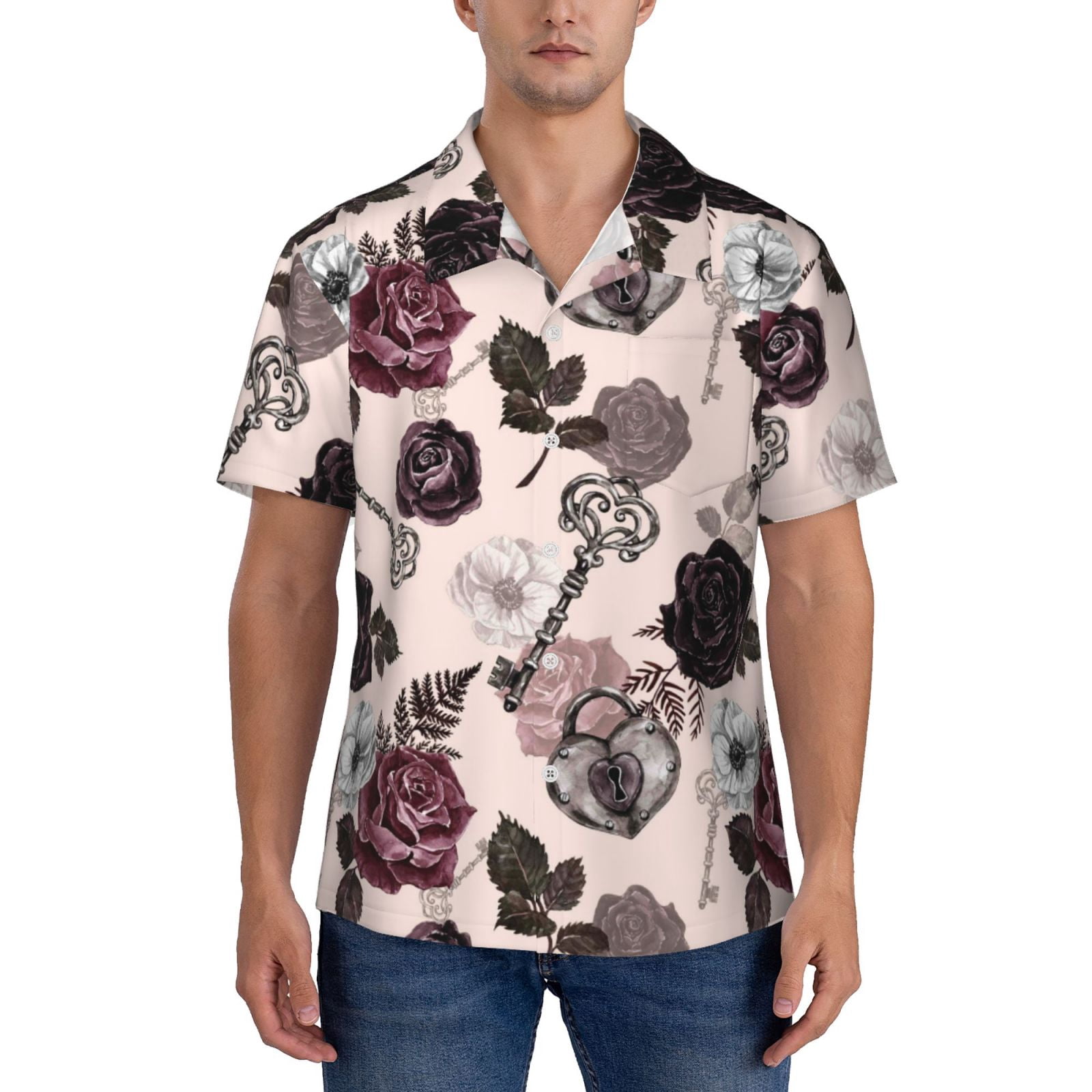 Yiaed Retro Red Black Roses Print Hawaiian Shirt for Men Short Sleeve ...