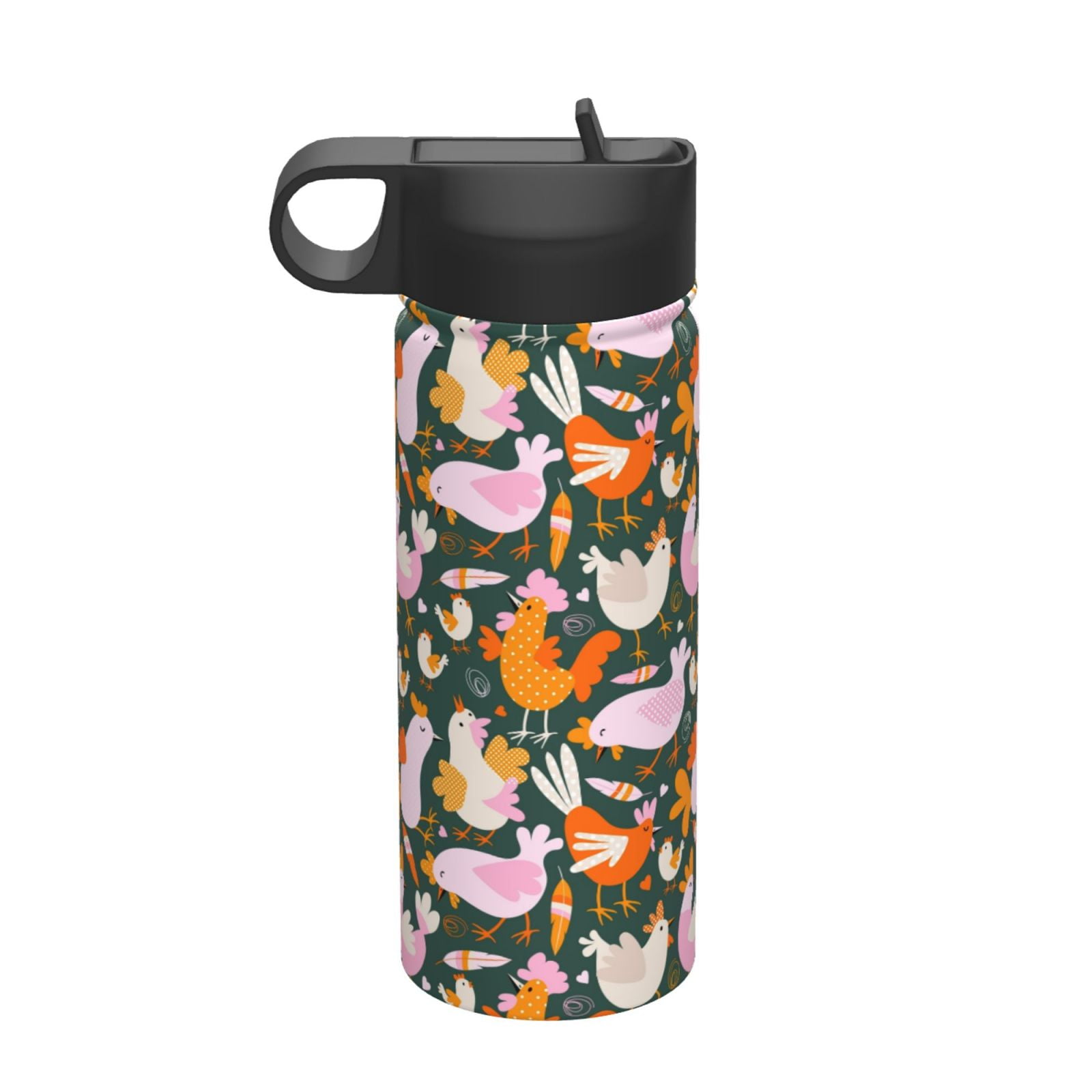 Yiaed Roosters and Chicks Print Water Bottle with Straw Lid, Stainless ...