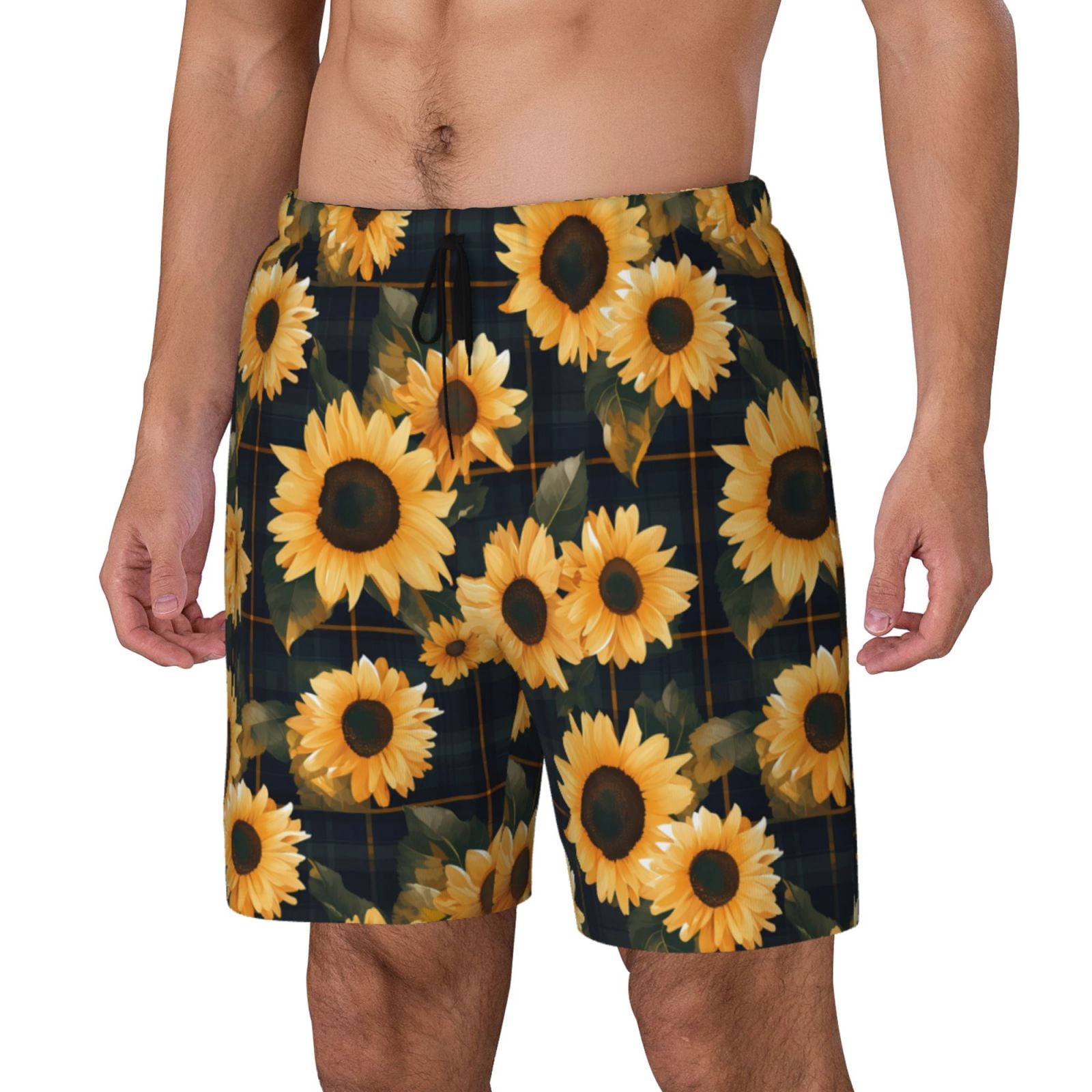 Yiaed Scottish Blue Plaid Sunflower Print Mens Swim Trunks Bathing Suit ...