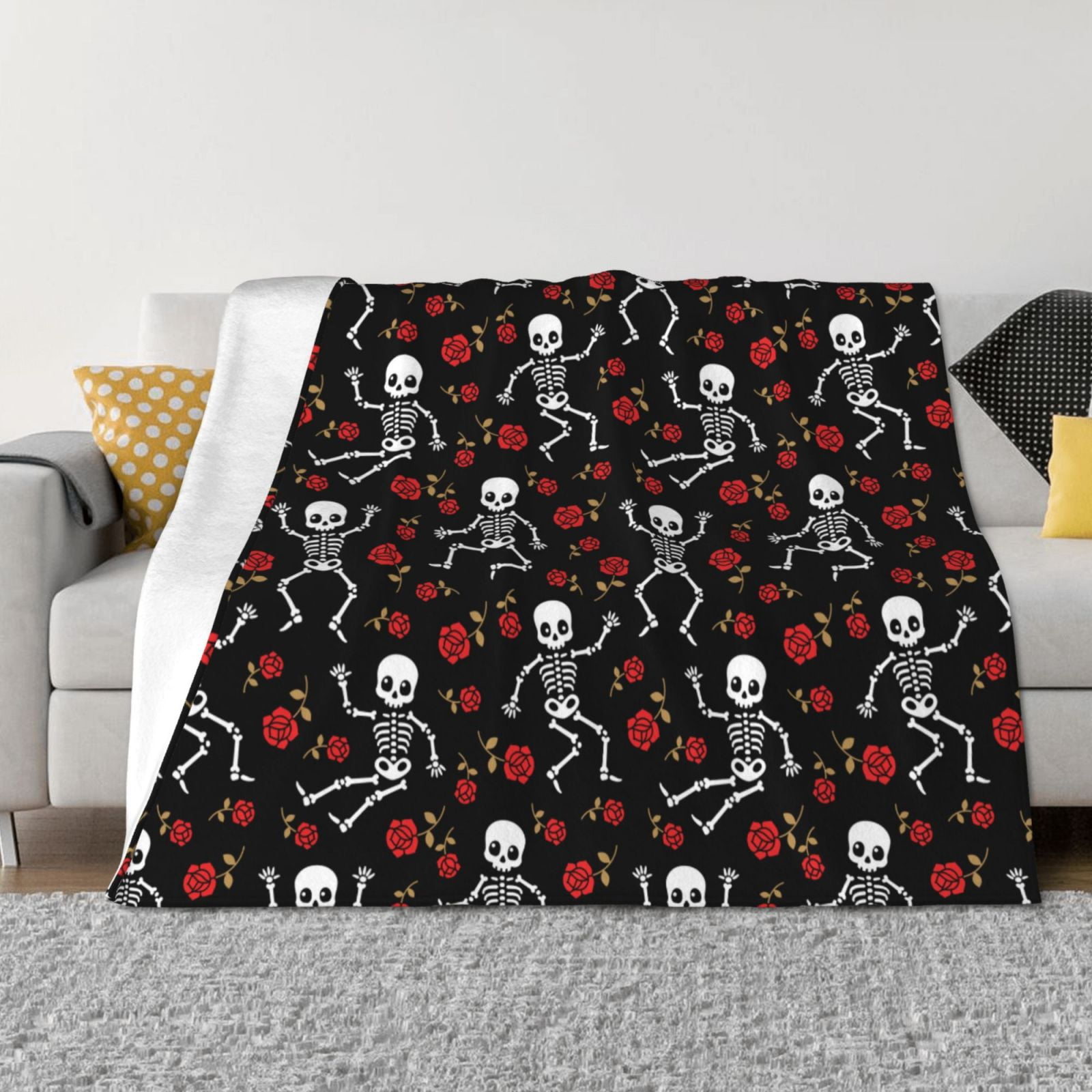 Yiaed Skeleton with Roses Print Blanket Throw Blanket Soft Cozy Flannel ...