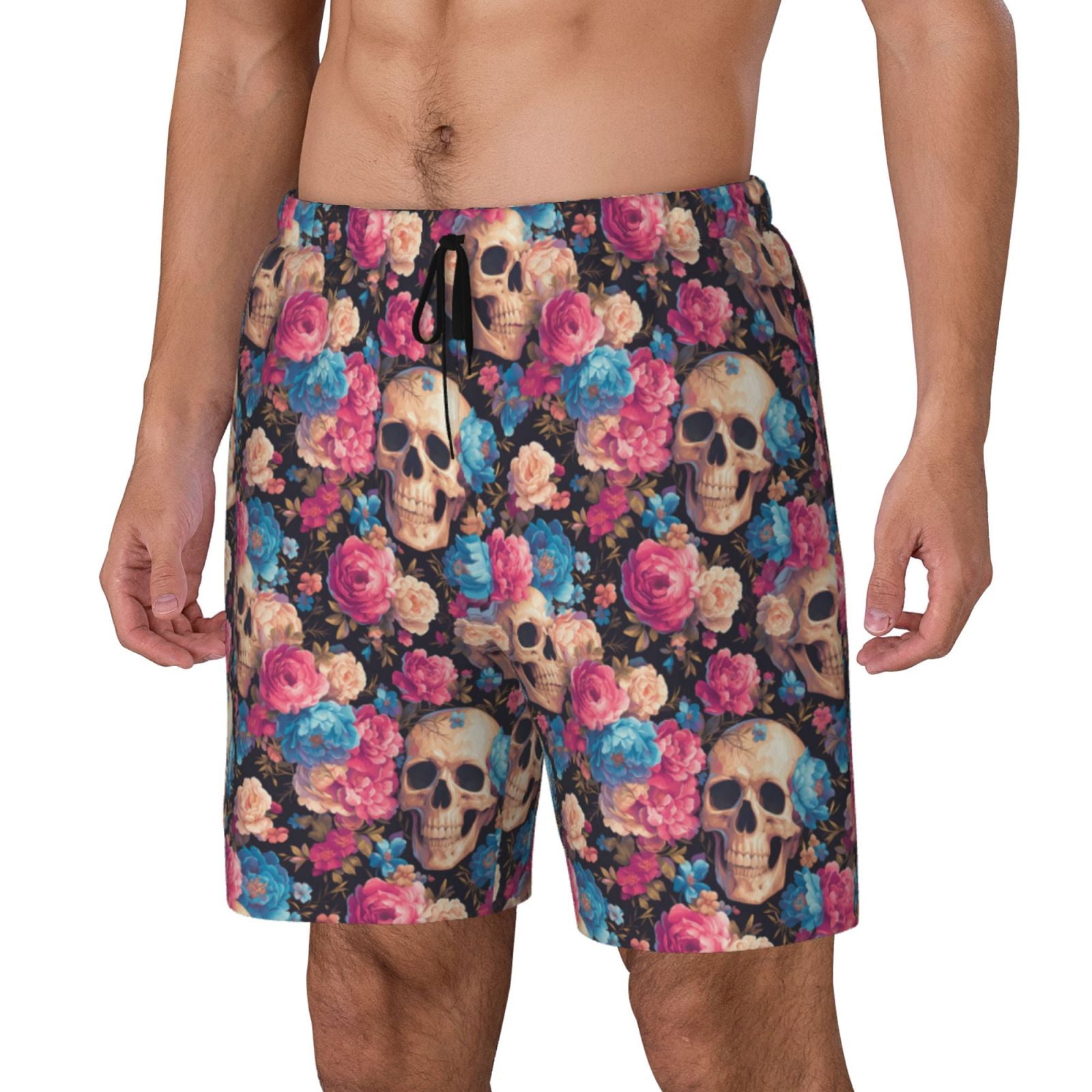 Yiaed Skull Blue Flower Print Mens Swim Trunks Bathing Suit Compression ...
