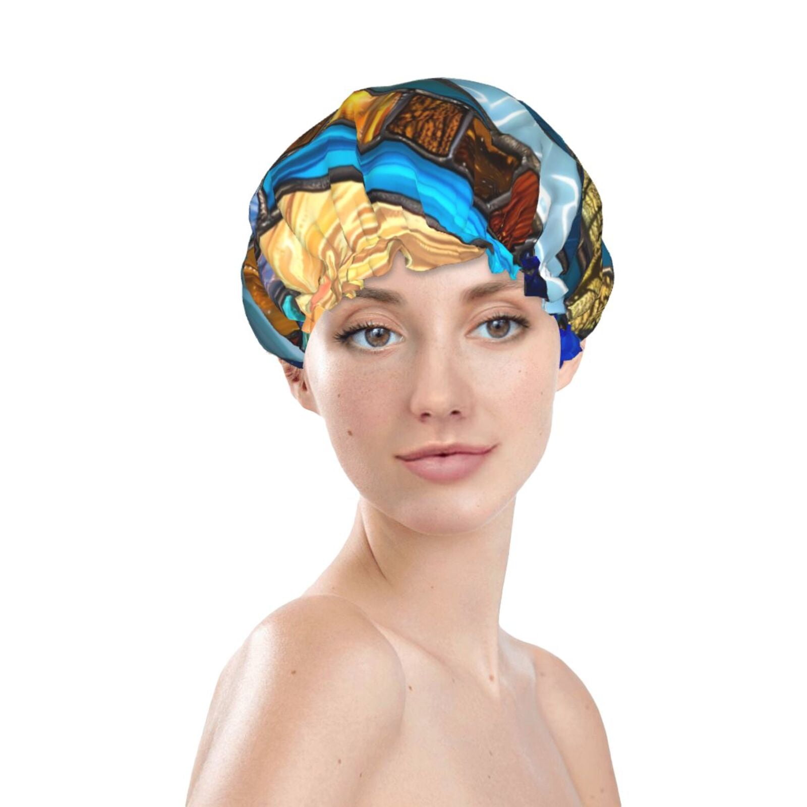 Yiaed Stained Glass Ocean Wave Print Reusable Shower Cap & Bath Cap ...