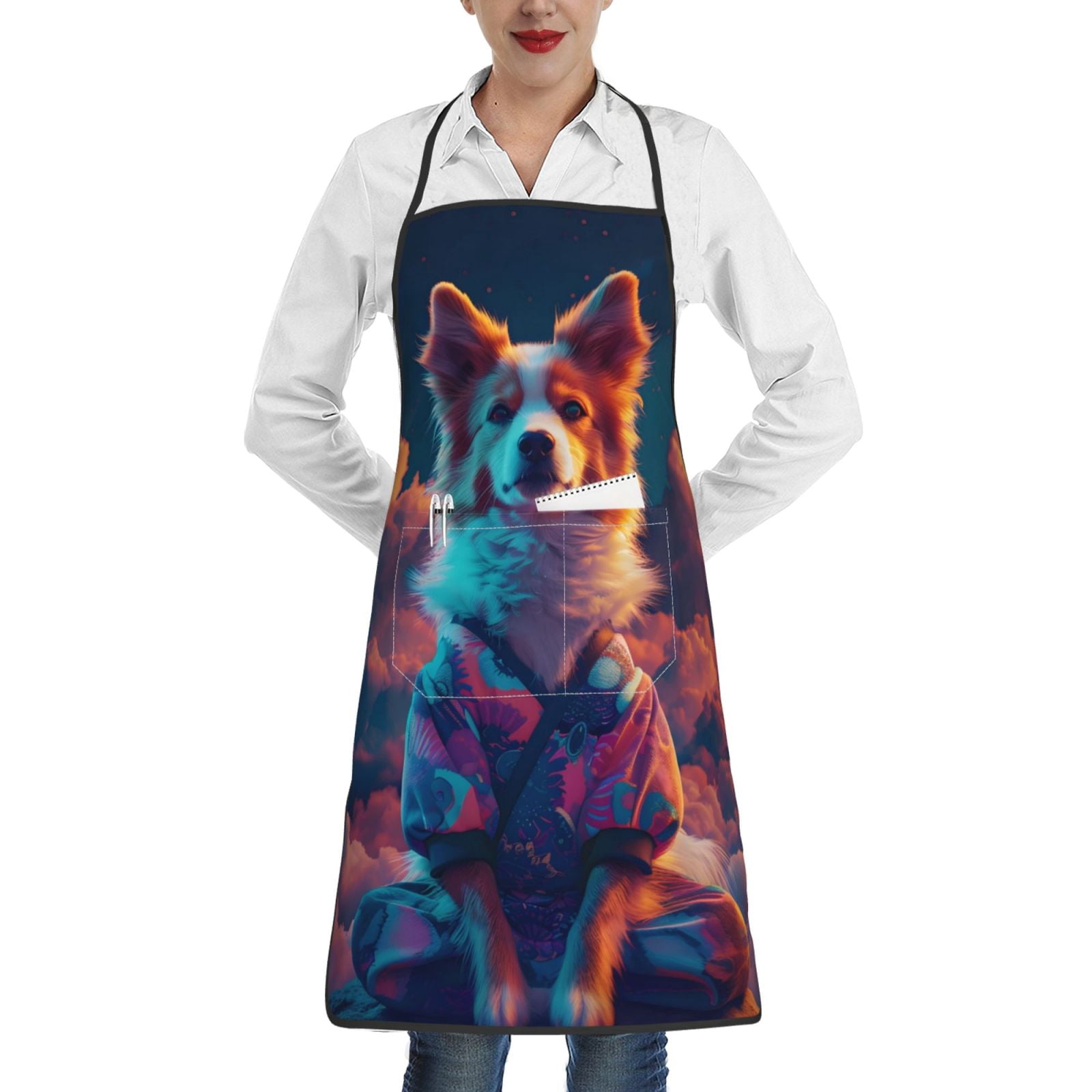 Yiaed Starry Sky White Cloud Puppy Print Kitchen Apron with Hand Wipe ...