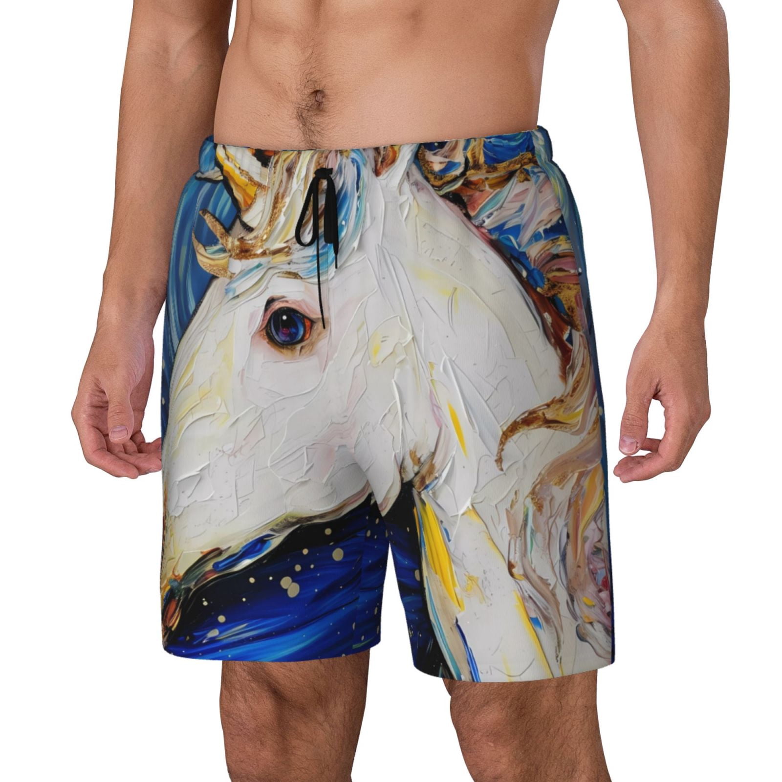 Yiaed Starry White Horse Print Mens Swim Trunks Bathing Suit ...