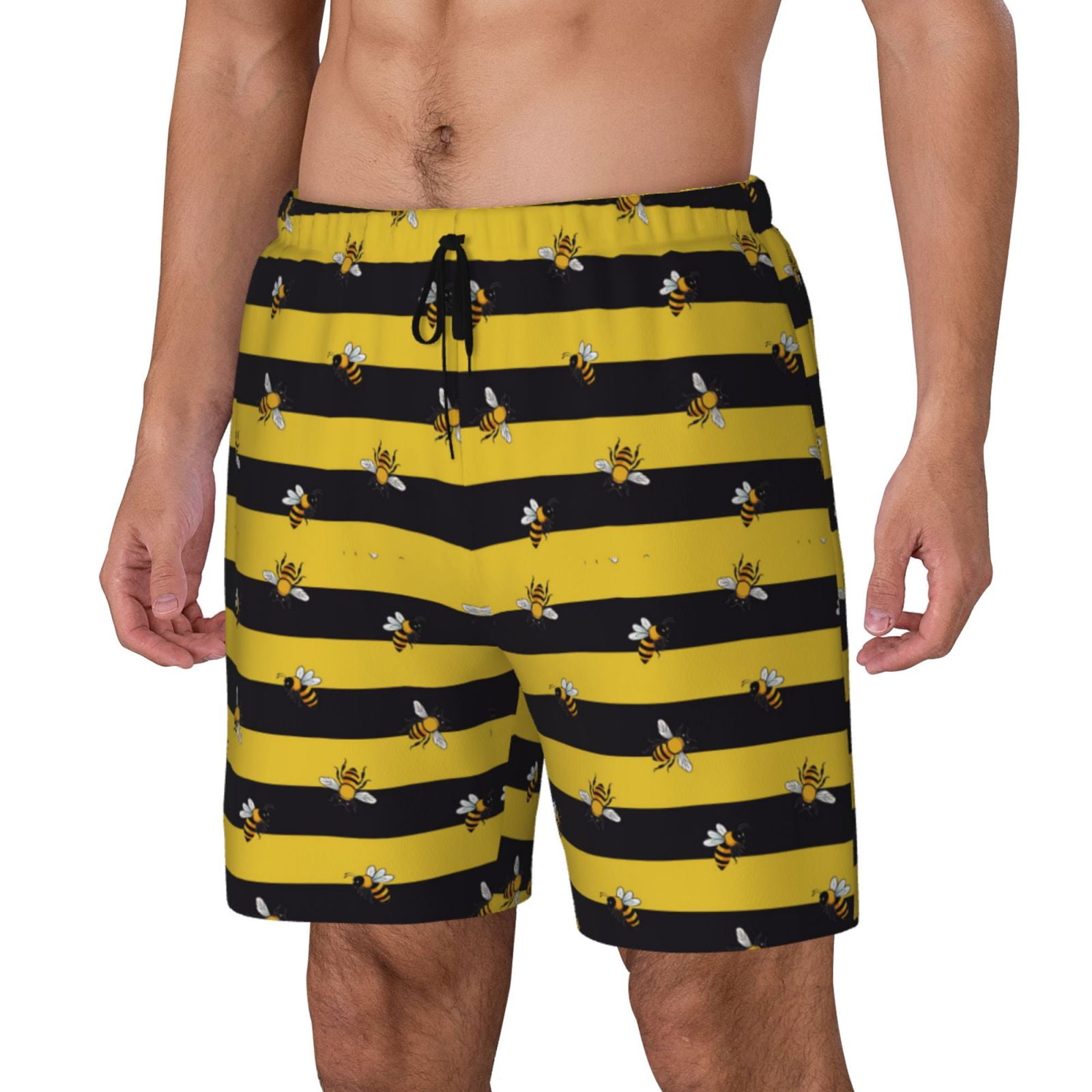 Yiaed Striped With Bees Print Mens Swim Trunks Bathing Suit Compression ...