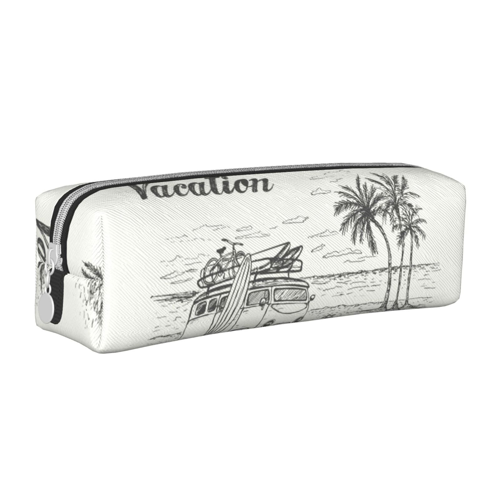 Yiaed Summer Vacation Scene With Camping Van Print Leather Pencil Case ...