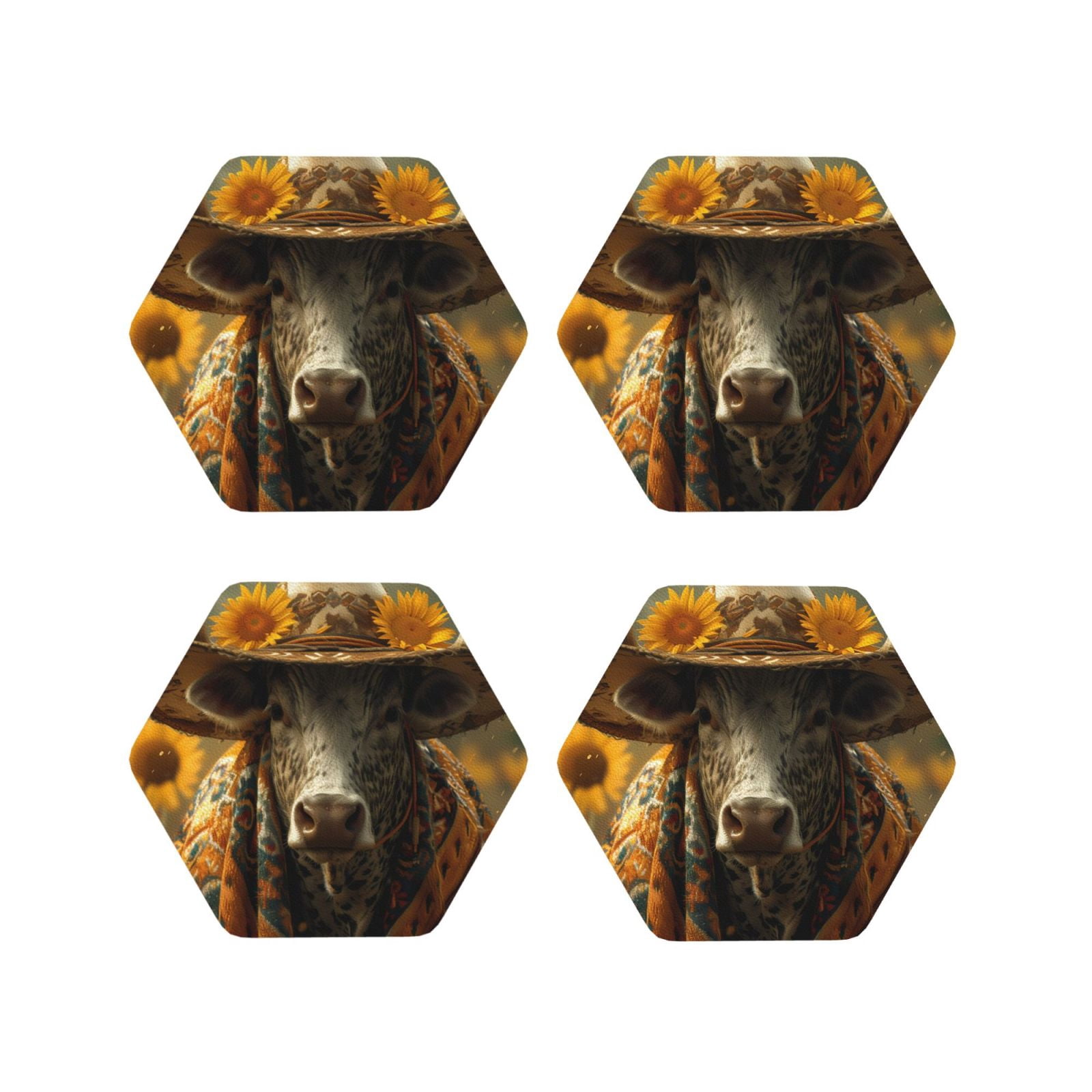 Yiaed Sunflower Cowboy Hat Cow Print Leather Coasters for Drinks - Cup ...