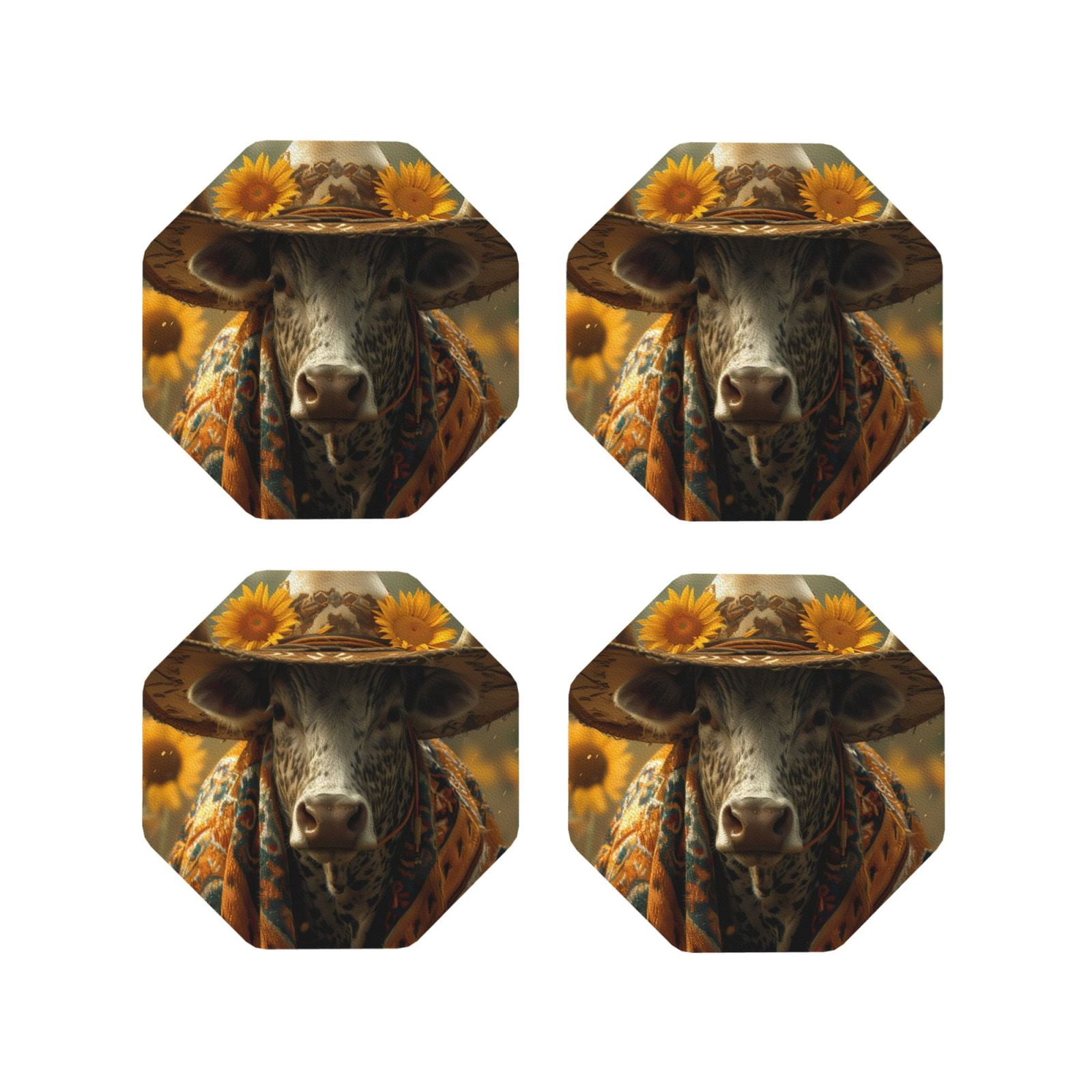 Yiaed Sunflower Cowboy Hat Cow Print Leather Coasters for Drinks - Cup ...