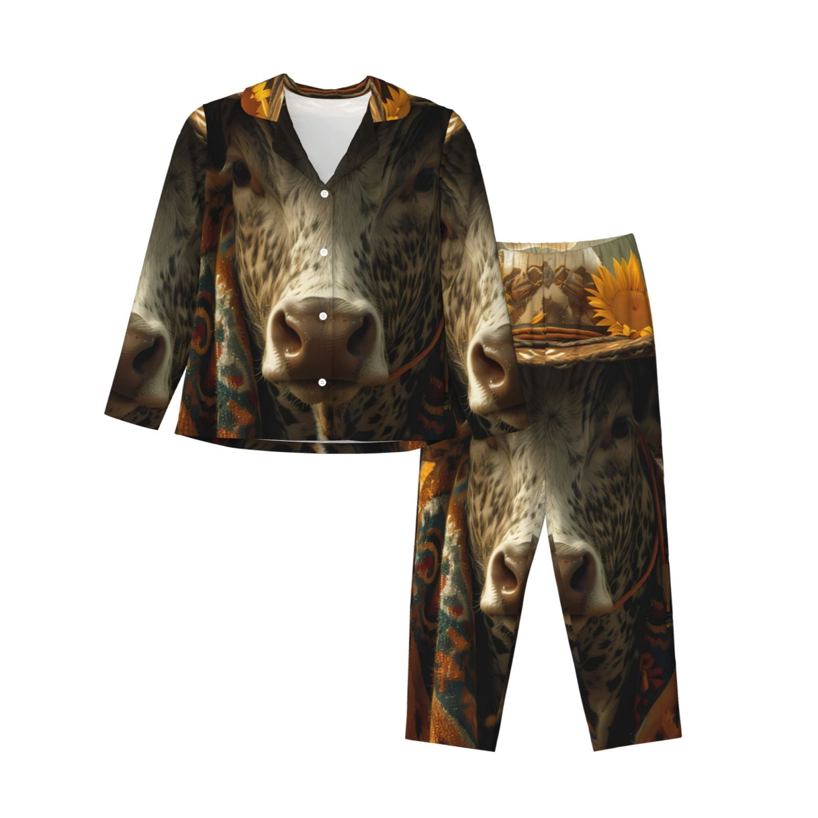 Yiaed Sunflower Cowboy Hat Cow Print Pajamas Women's Long Sleeve ...