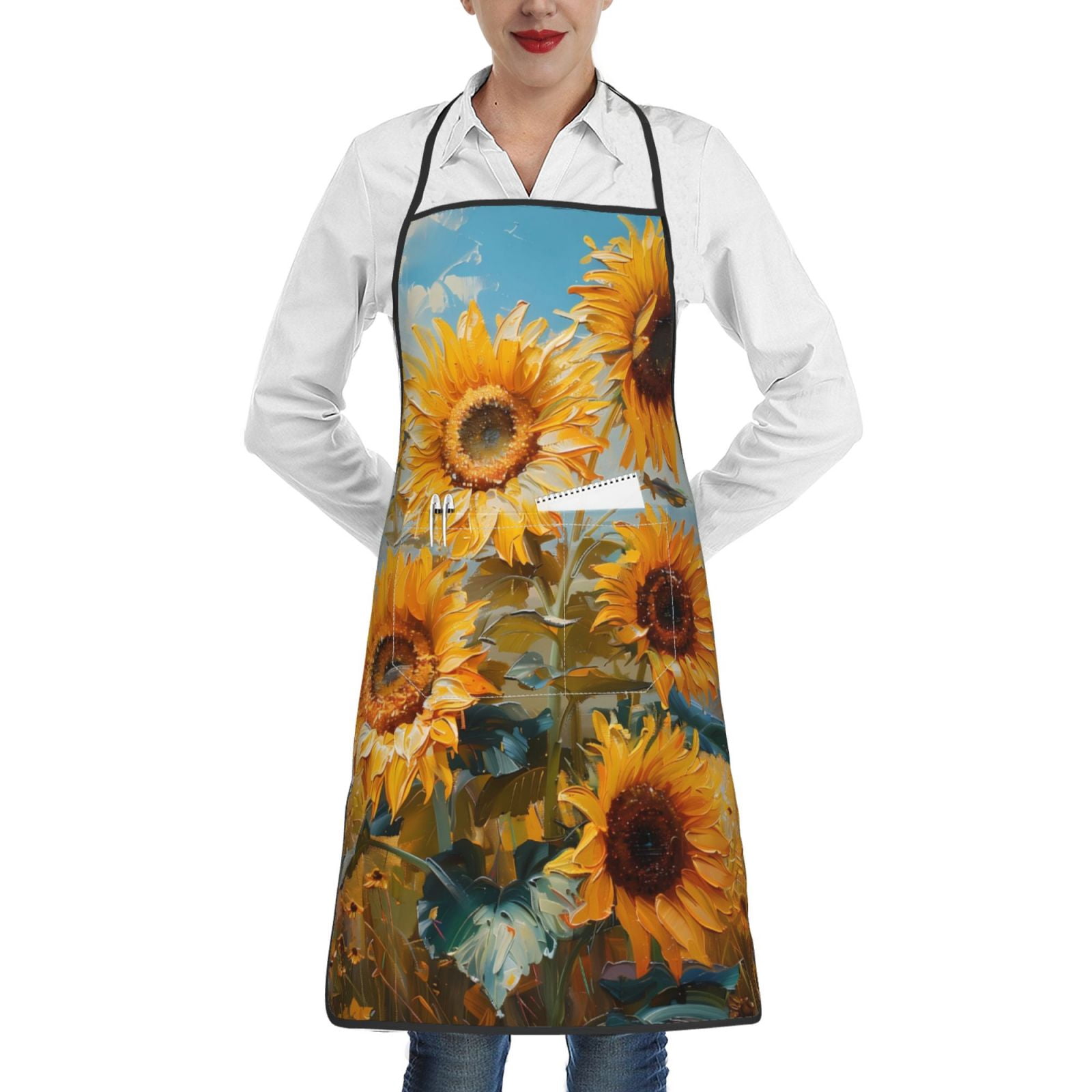 Yiaed Sunflower Field Art Print Kitchen Apron with Hand Wipe Pockets ...